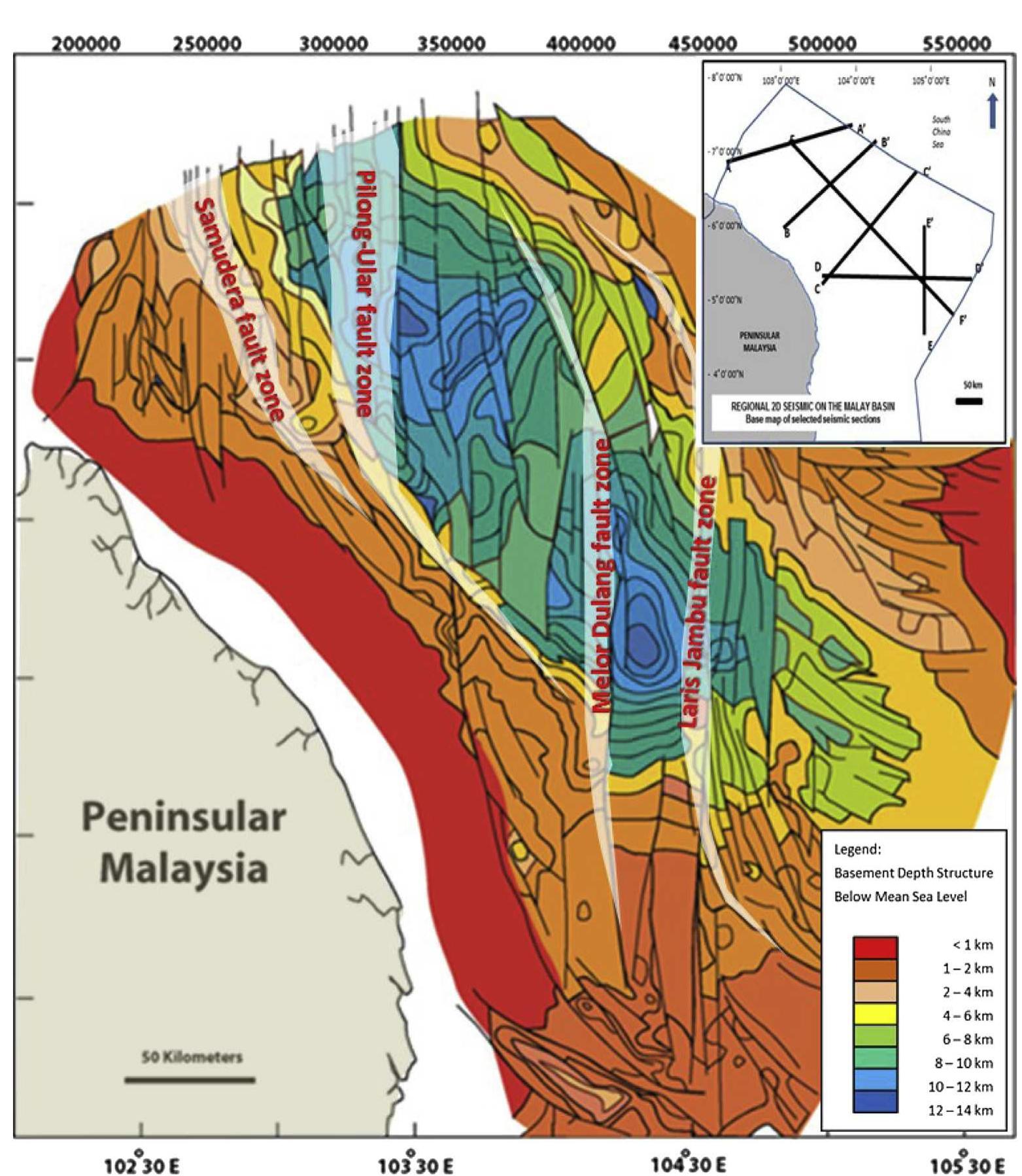 Map showing malay basin basement depth structure map,