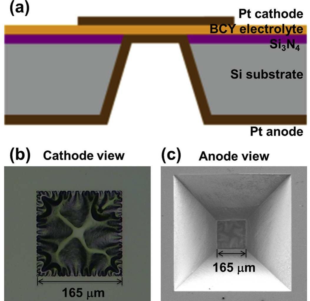 Structure of free-standing micro-sofc device. (a) schematic