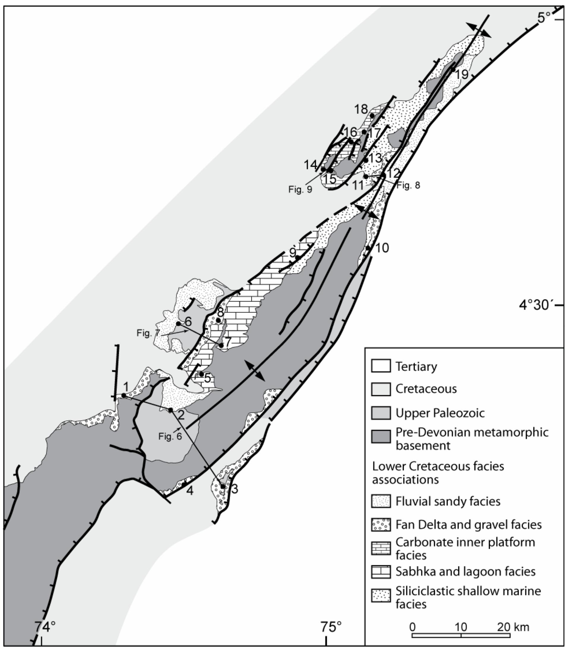 Map of early syn-rift cretaceous facies distribution. note