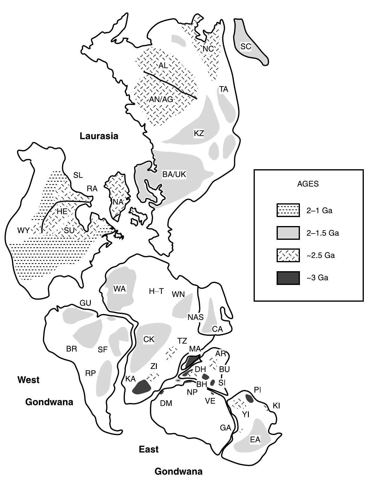 3. ages of cratons in pangea (from rogers, 1996). symbols