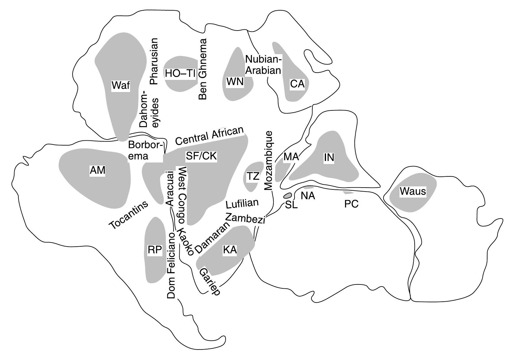 4. sketch of gondwana showing names of major belts and areas