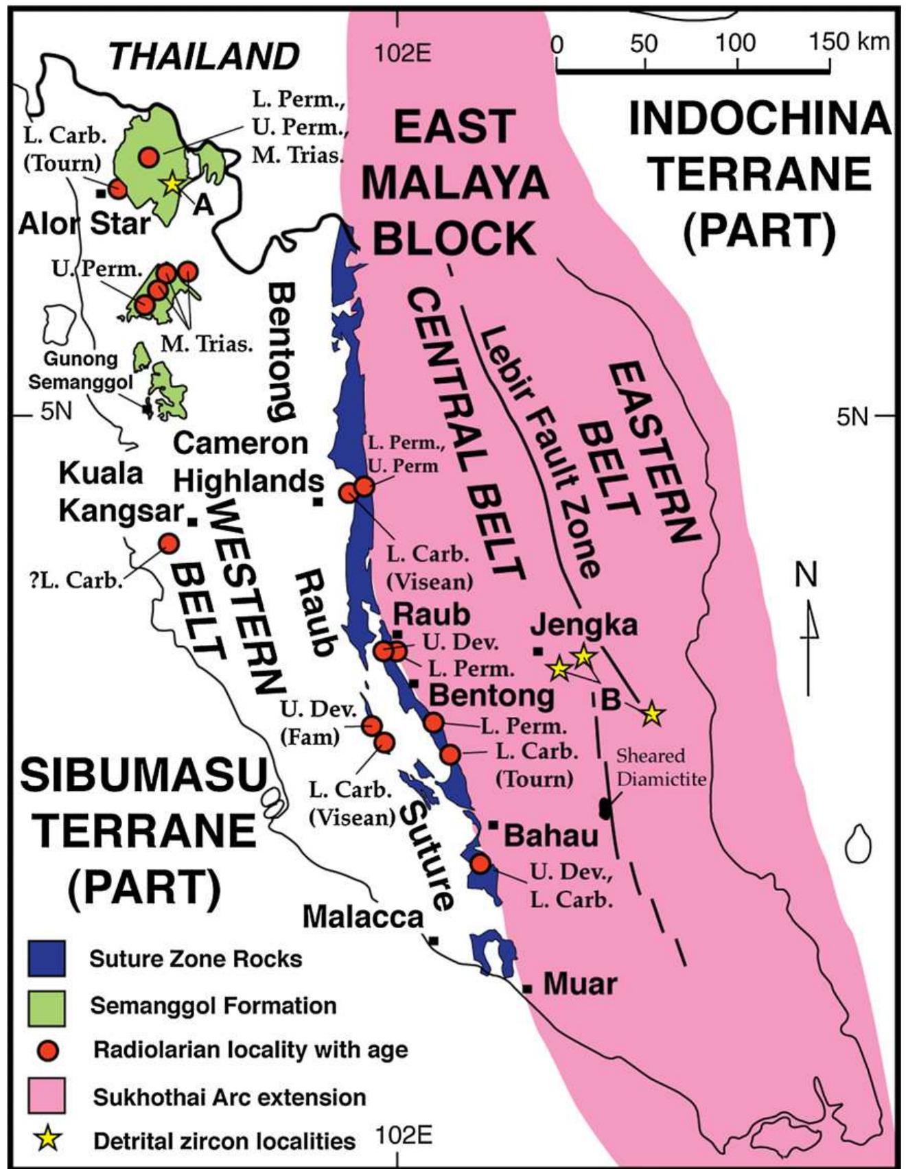 Map showing the distribution of the palaeo-tethys