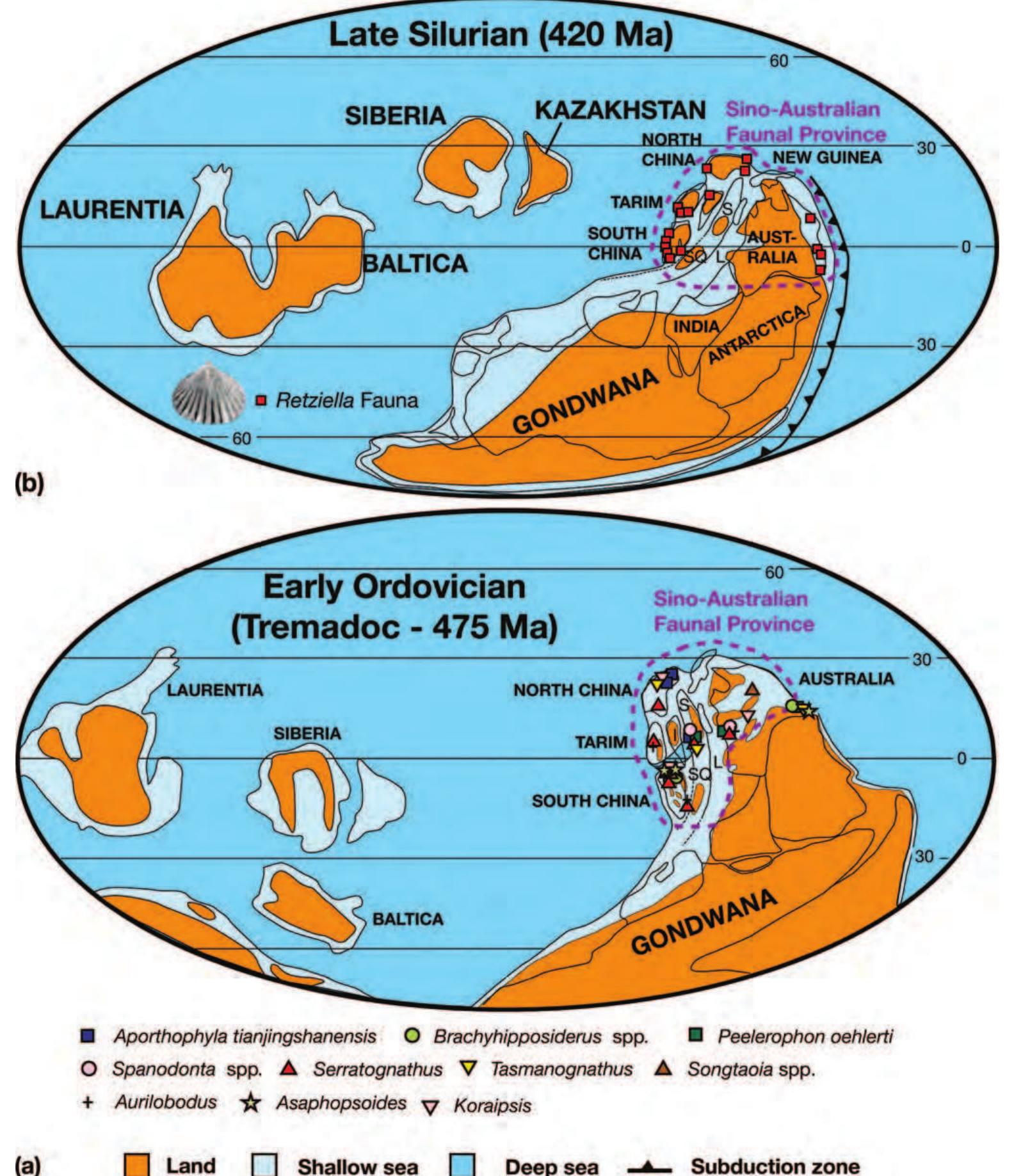 Palaeogeographic reconstructions for (a) early ordovician