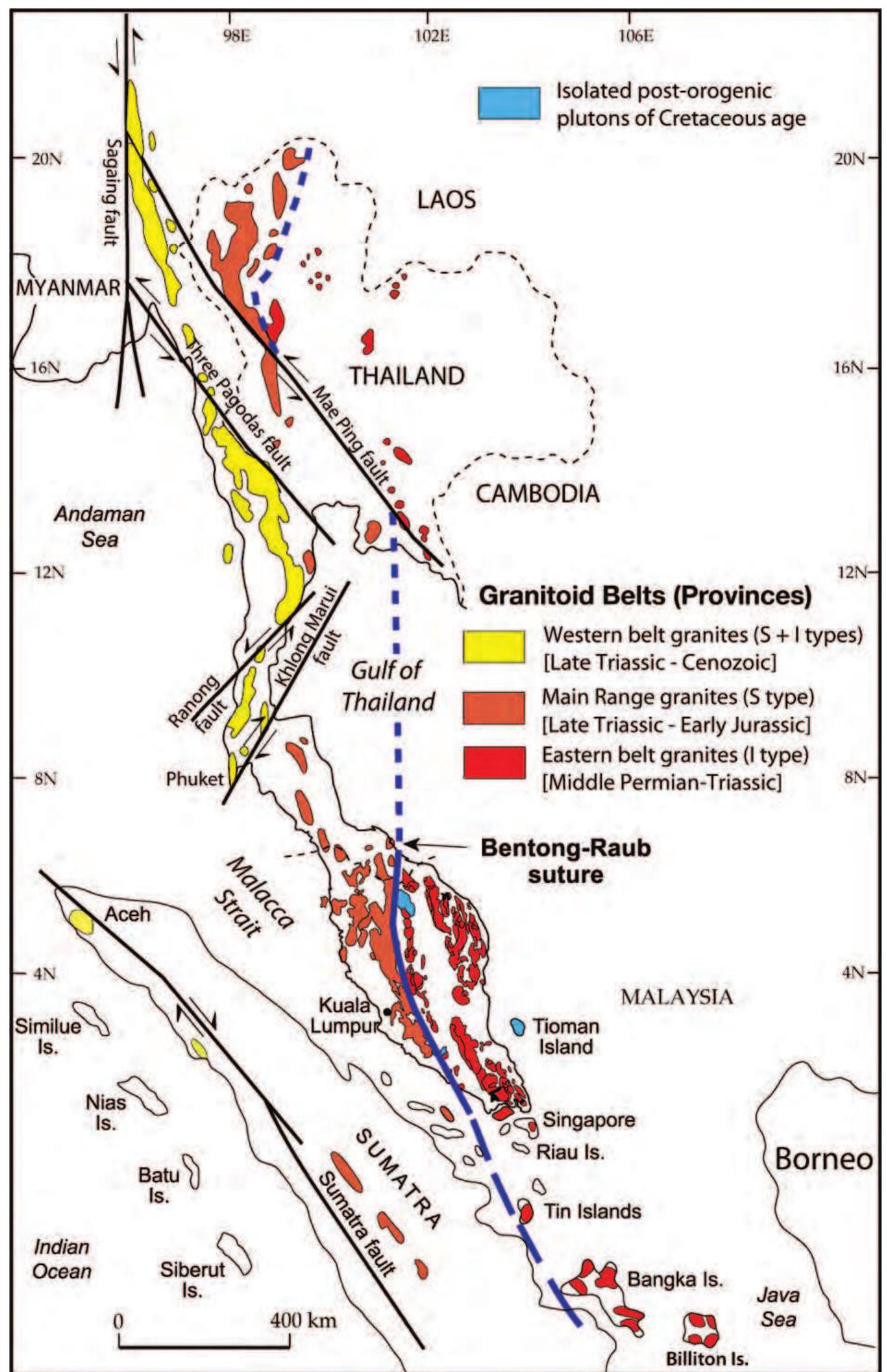 The three granitoid belts (provinces) of south-east asia.