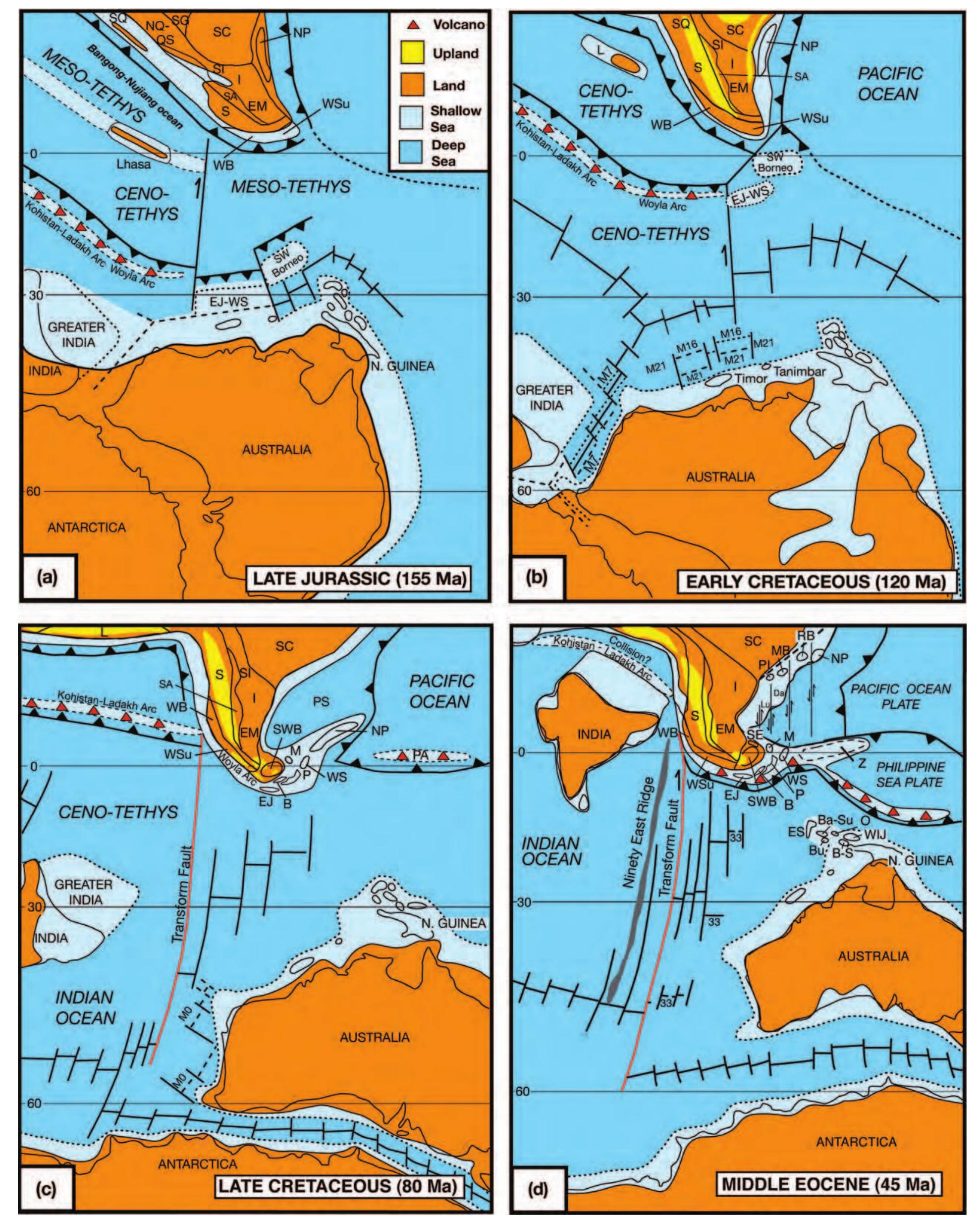 Palaeogeographical reconstructions for eastern tethys in (a)