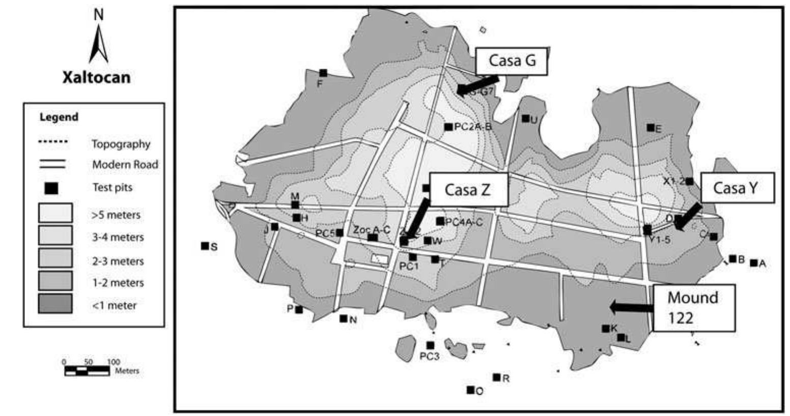 Topographic map of xaltocan showing locations of excavations
