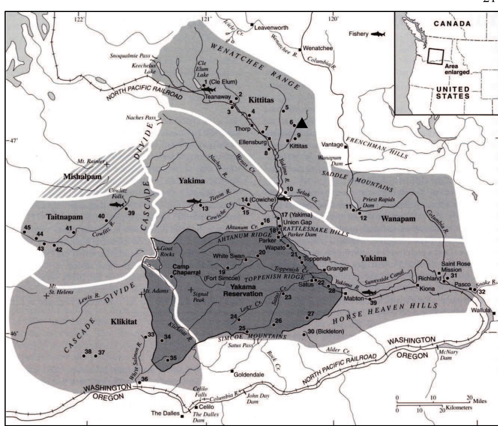 Map showing the territory of the kittitas, wanapum, yakama,