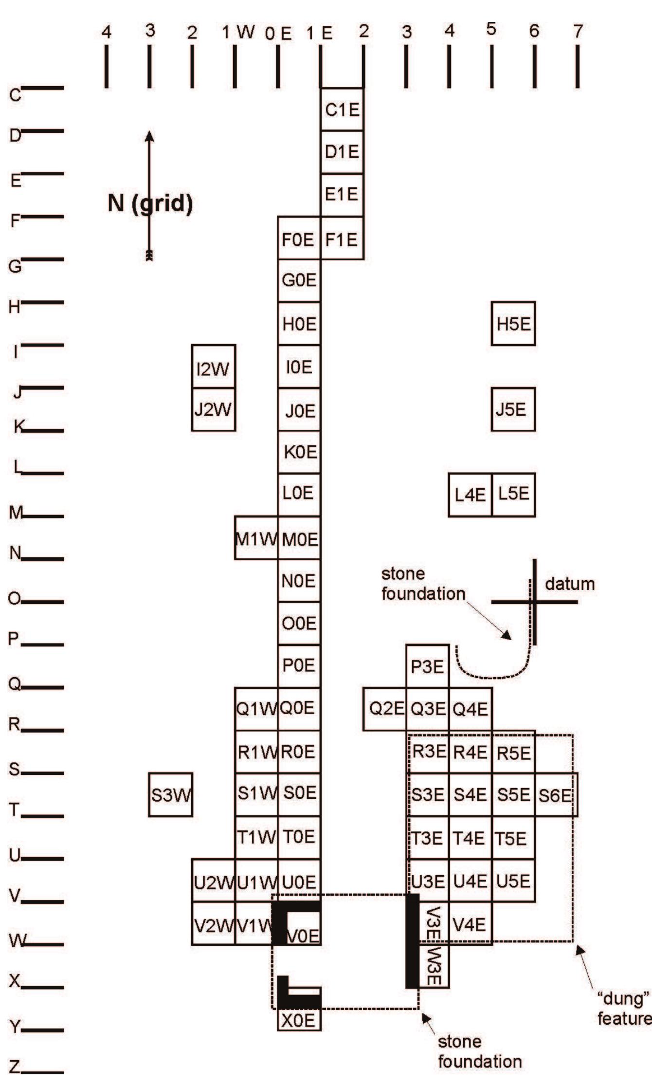 Excavation plan map with historic structure features