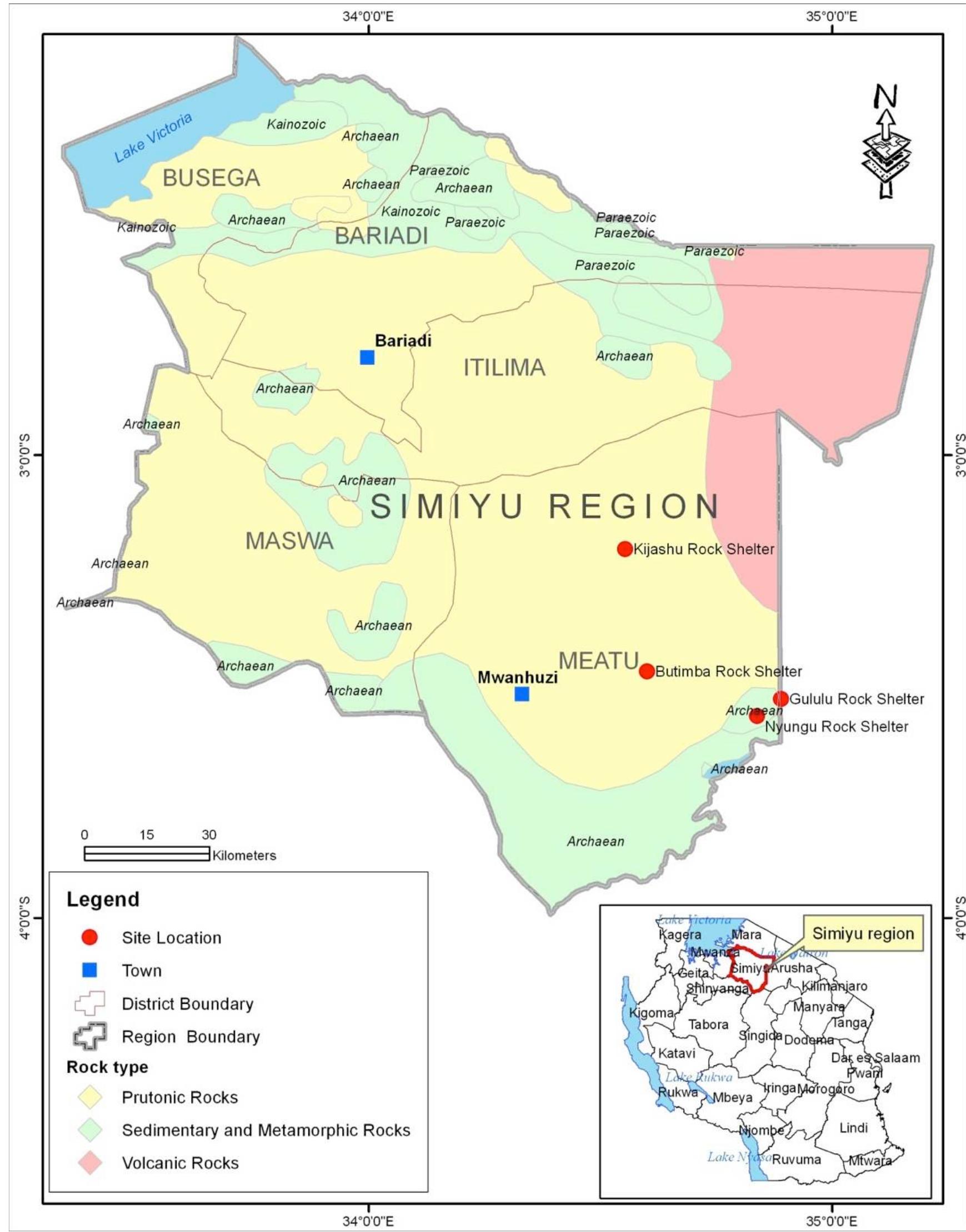 A geological map of simiyu region showing the rock art sites