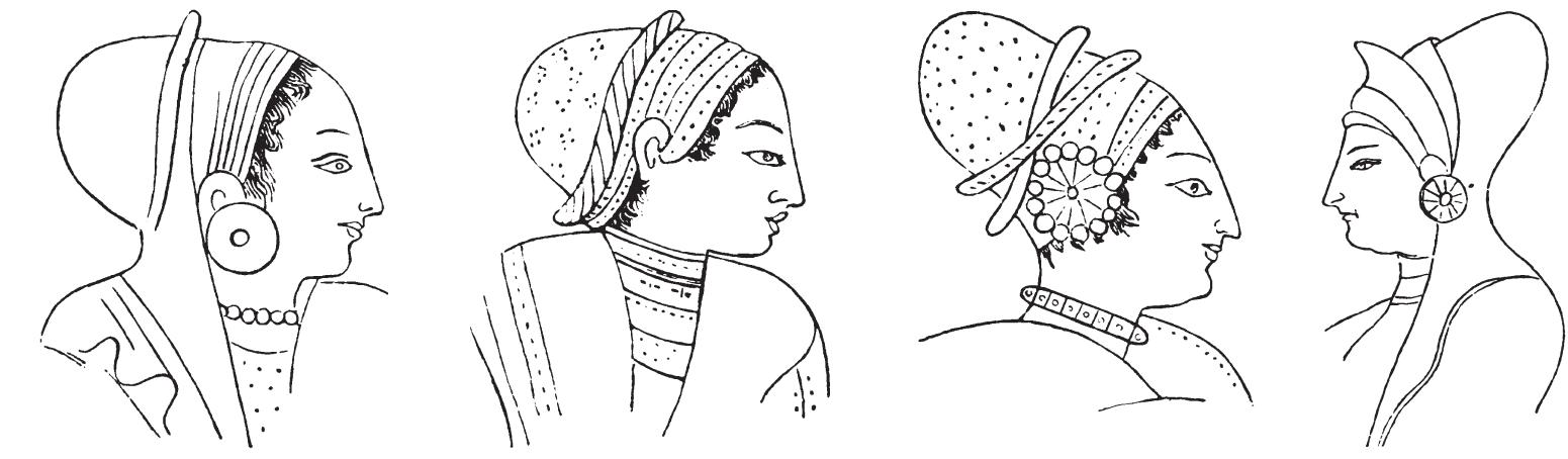 A, b, c, d. drawings of etruscan female headgear. after