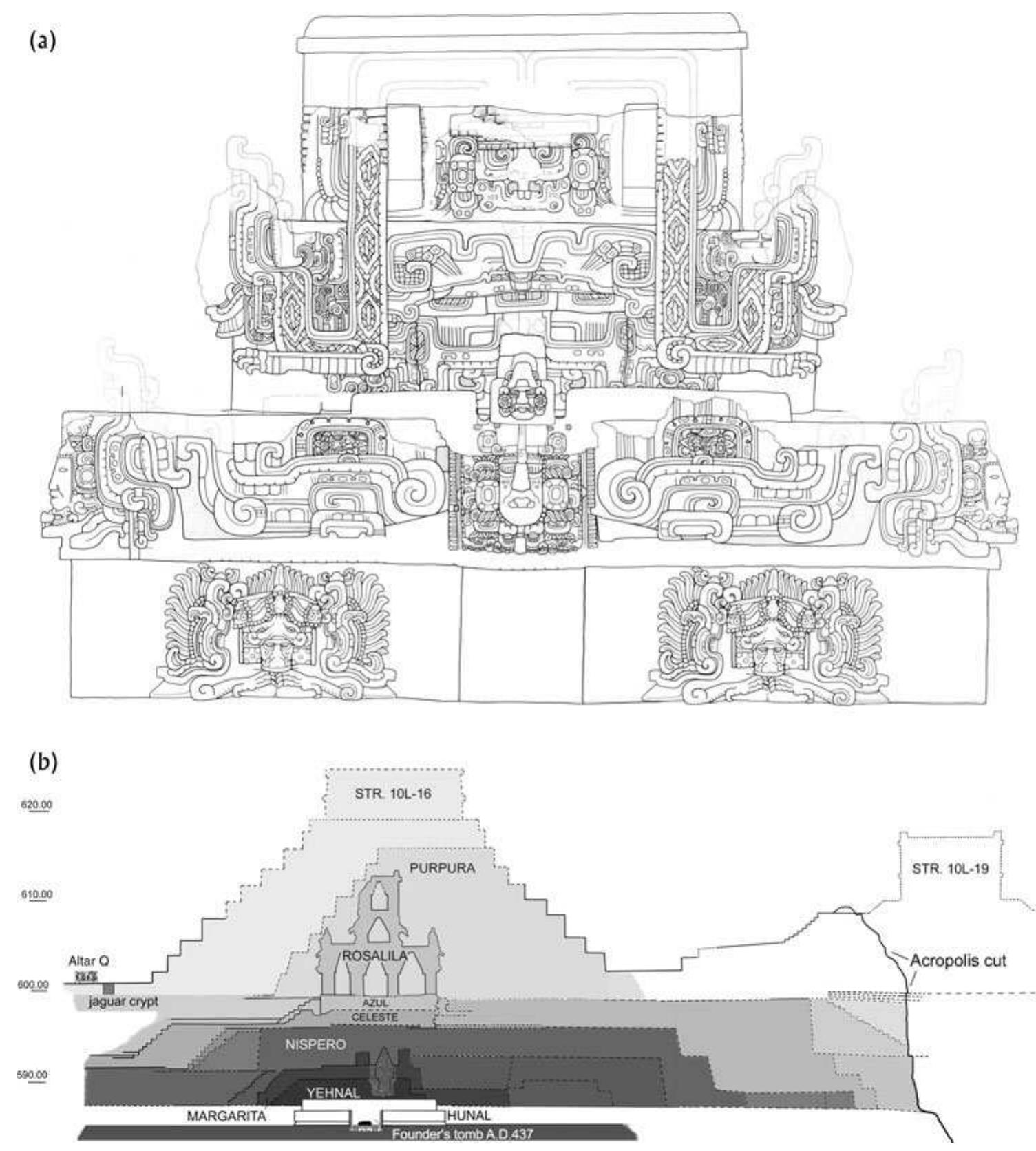 (a) elevation drawing of rosalila structure, copan, circa