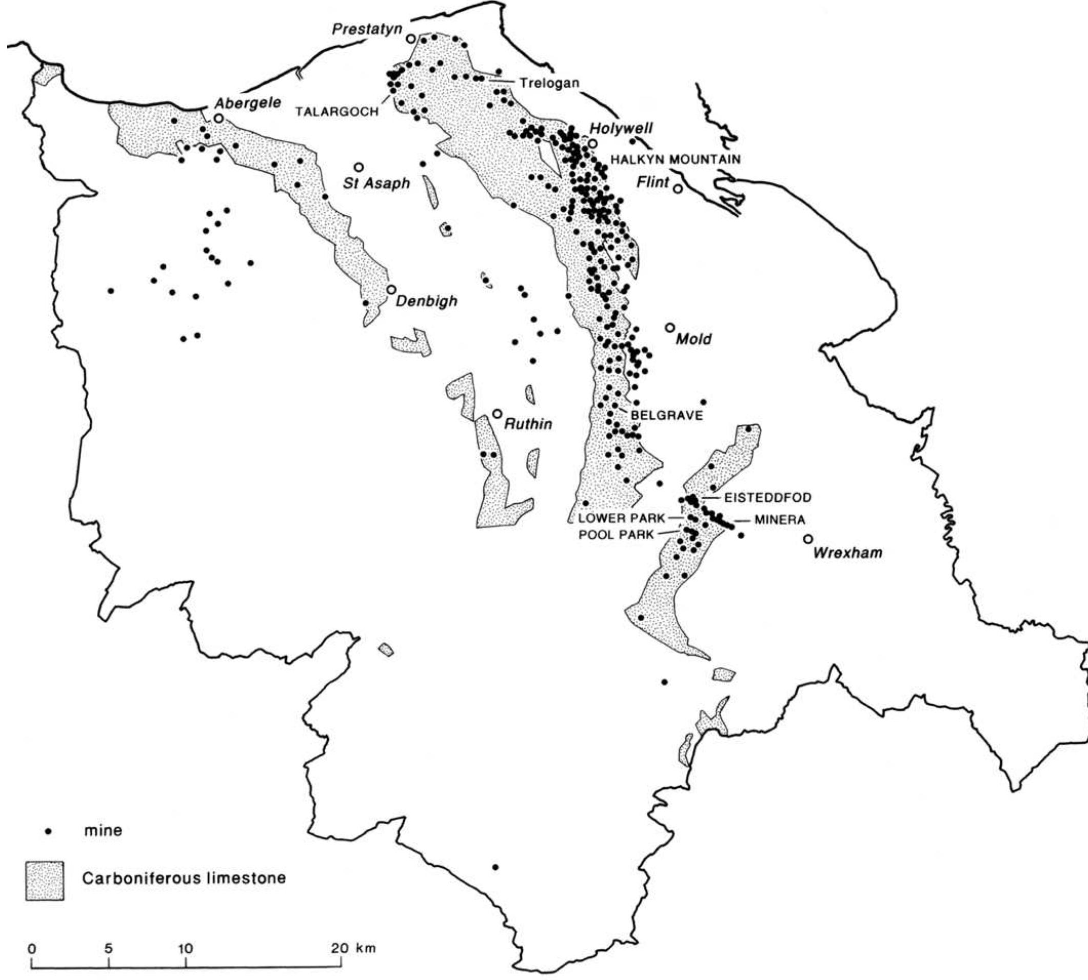 Map of north-east wales: the main lead and zinc mines are in