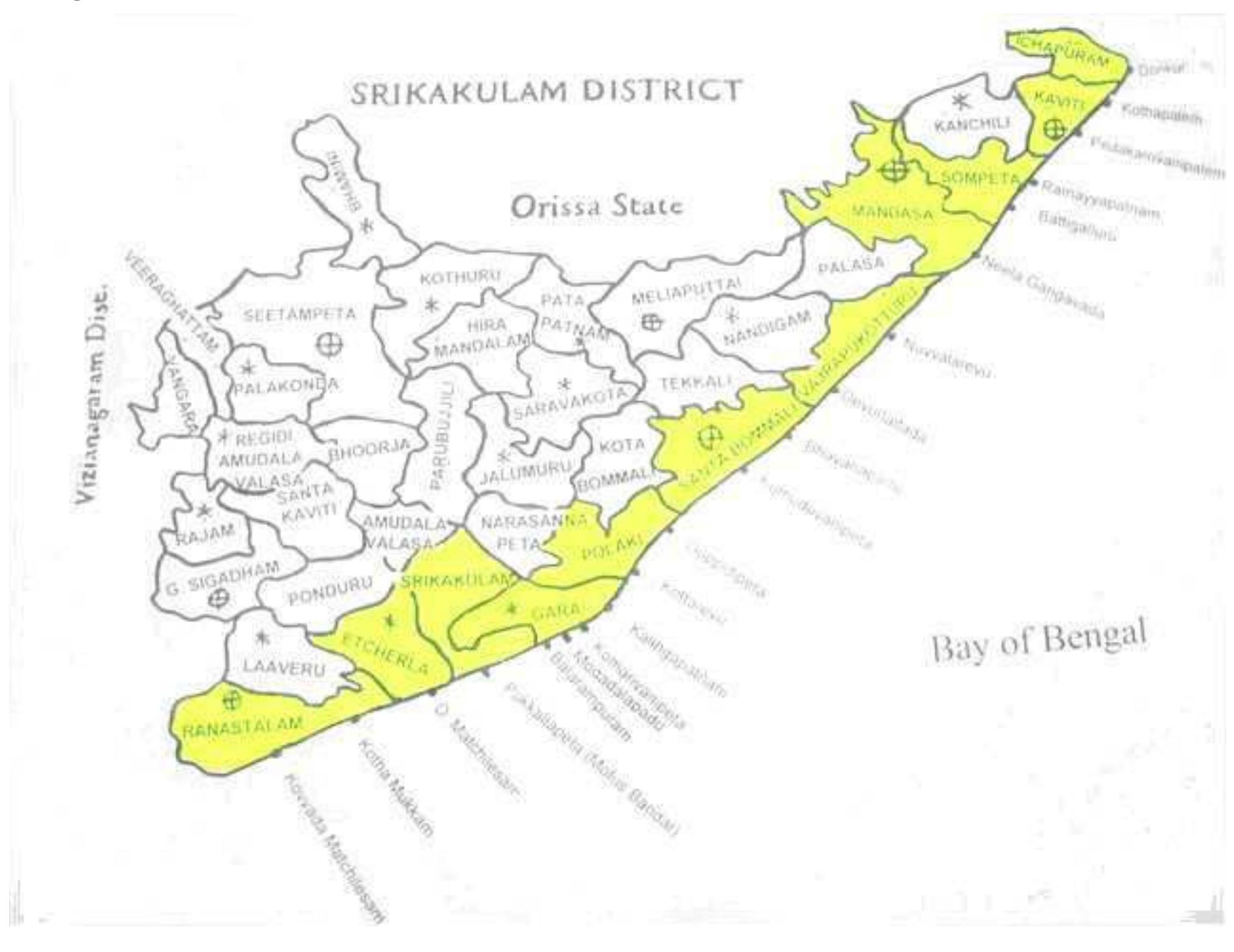 Map of srikakulam district showing coastal mandals (in
