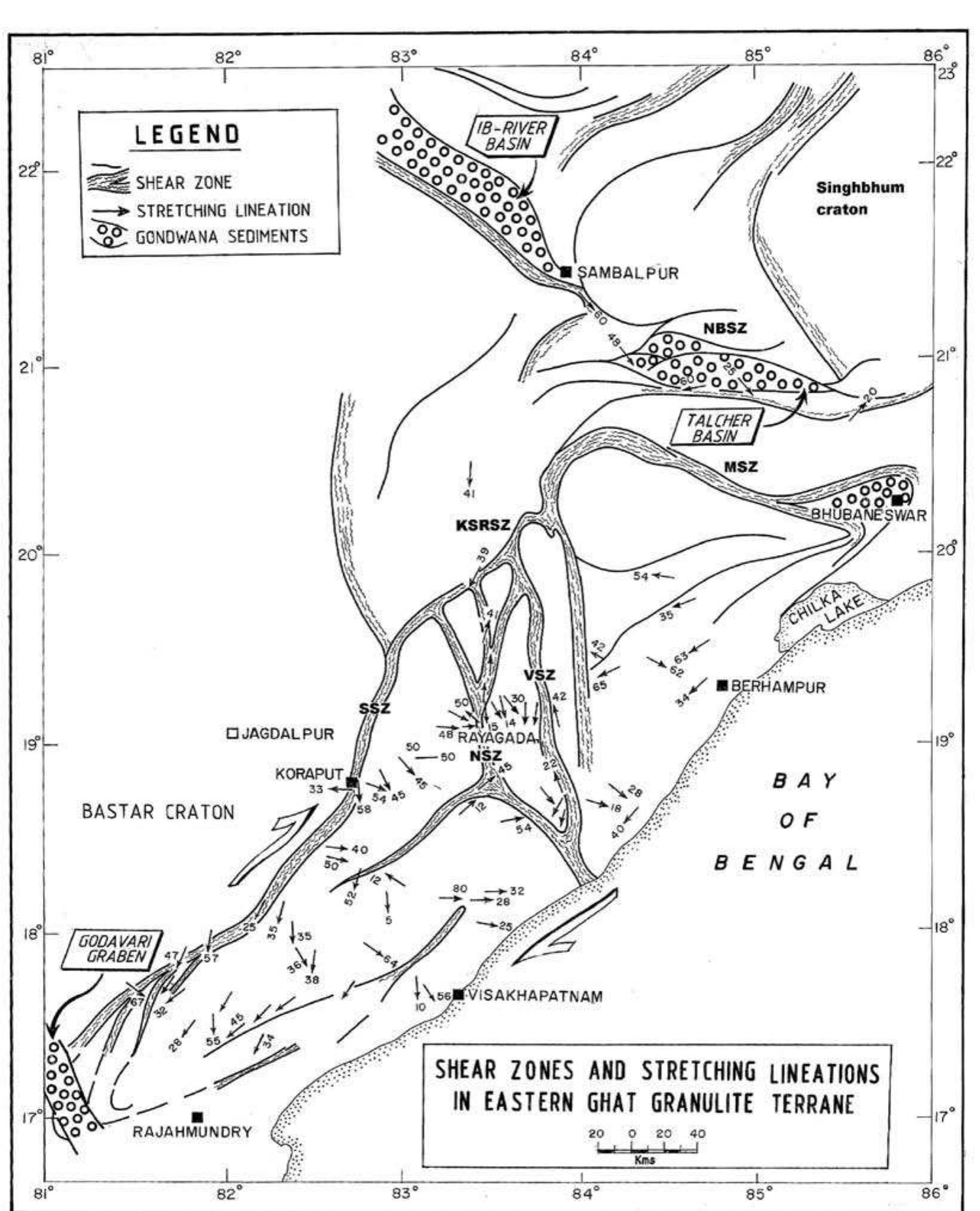 A network of deep crustal shear zones and the orientation of