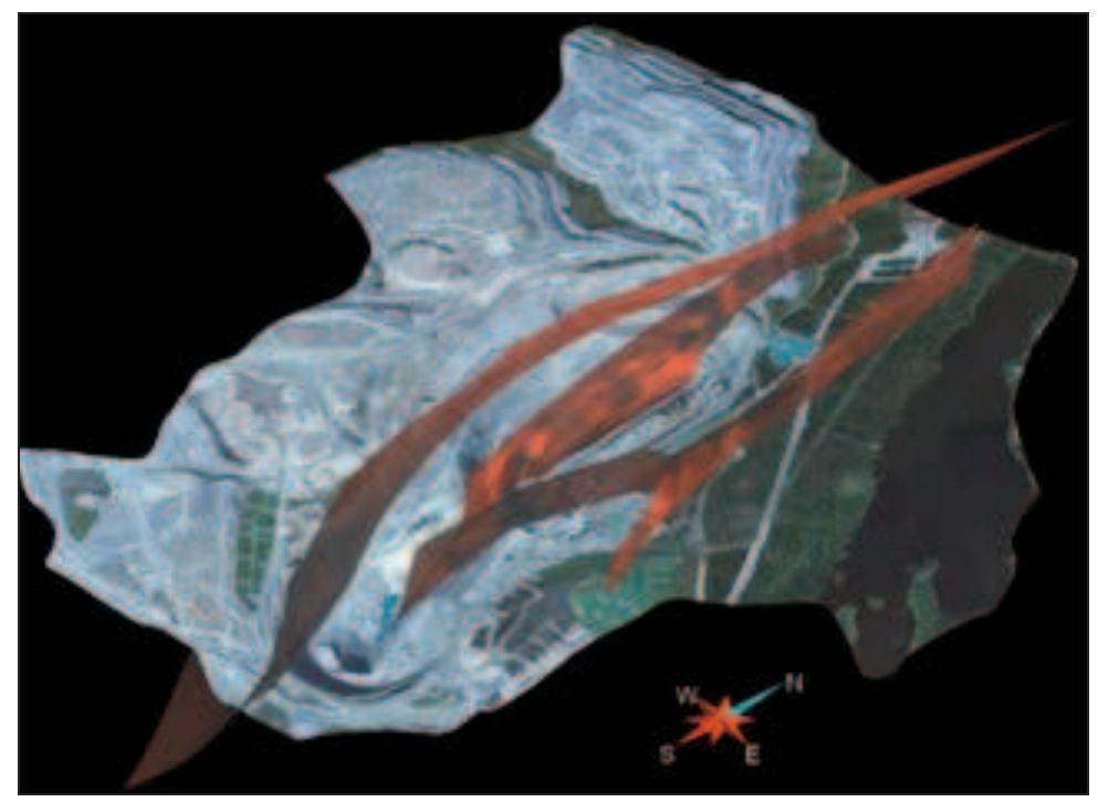 Dem of the aitik open pit with thrust planes (red). data