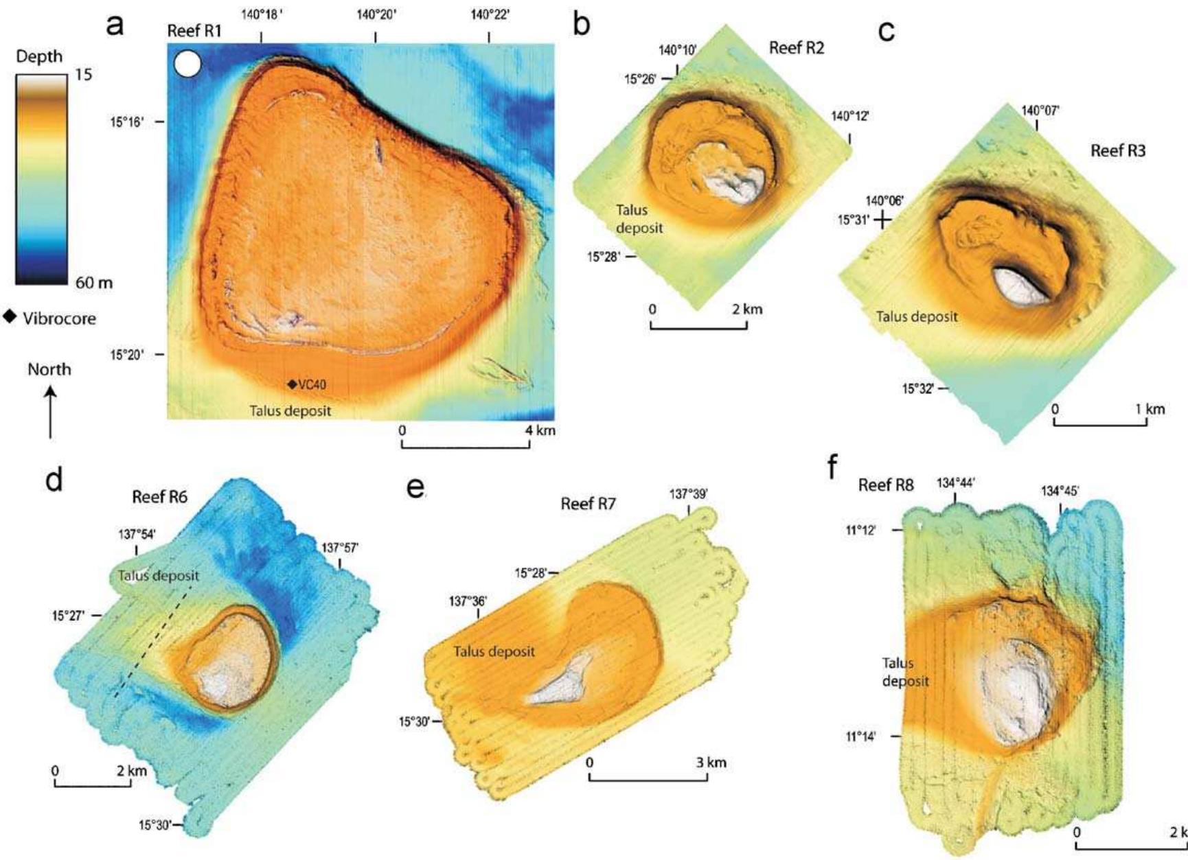 Bathymetry maps of submerged coral reefs and their
