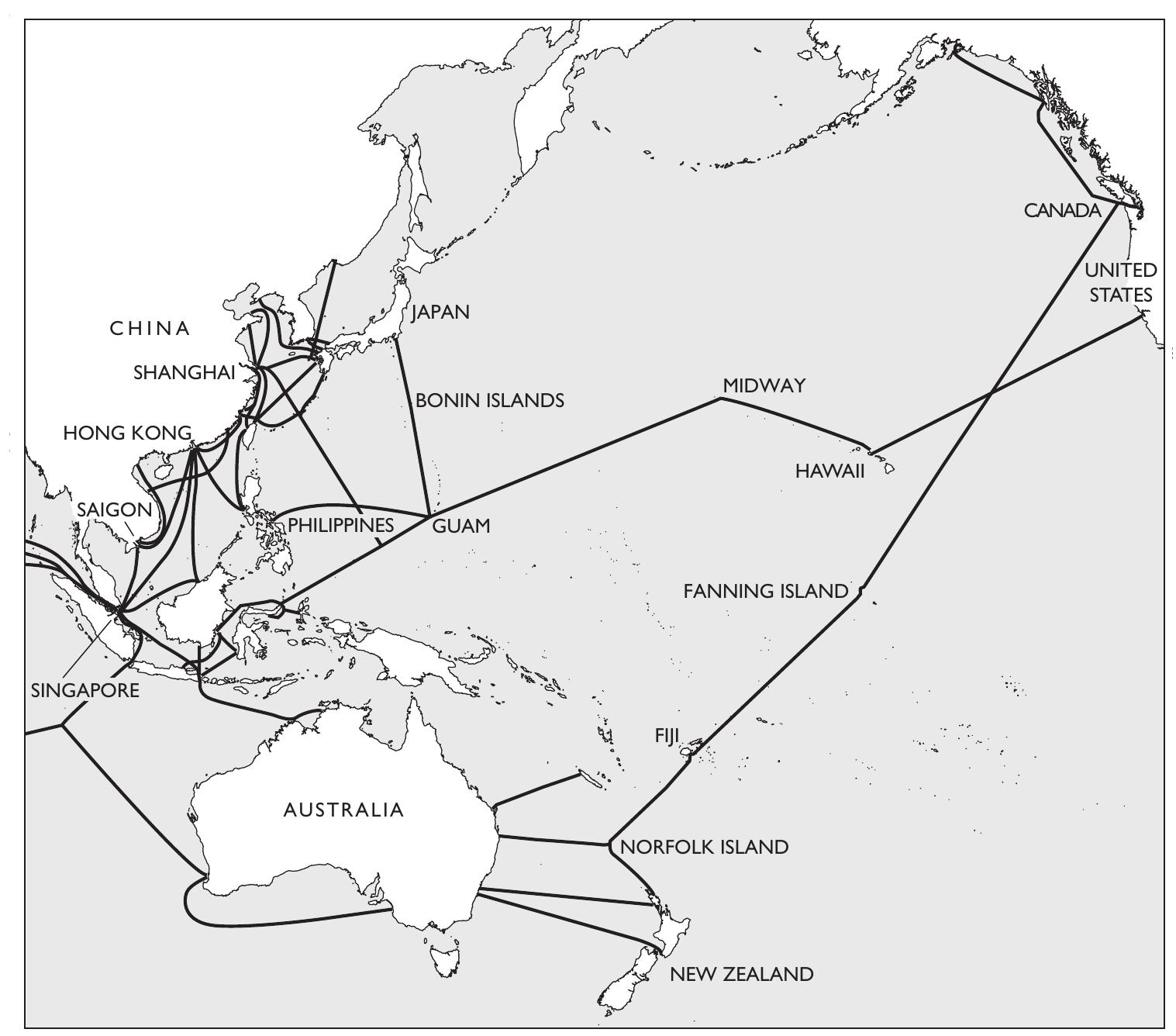 Map 1.1. transpacific cable routes, 1922. (figure i.1; maps