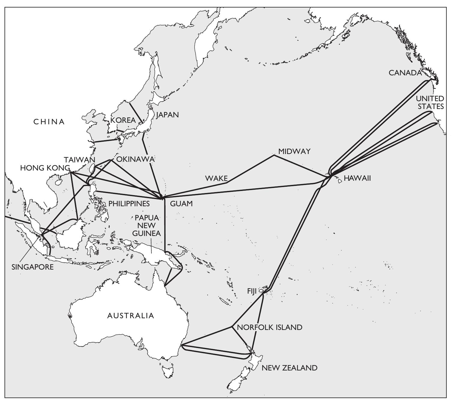 Map 1.2. transpacific cable routes, 1982.