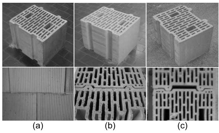 Three types of clay units: (a) edge-ground unit (tm); (b)