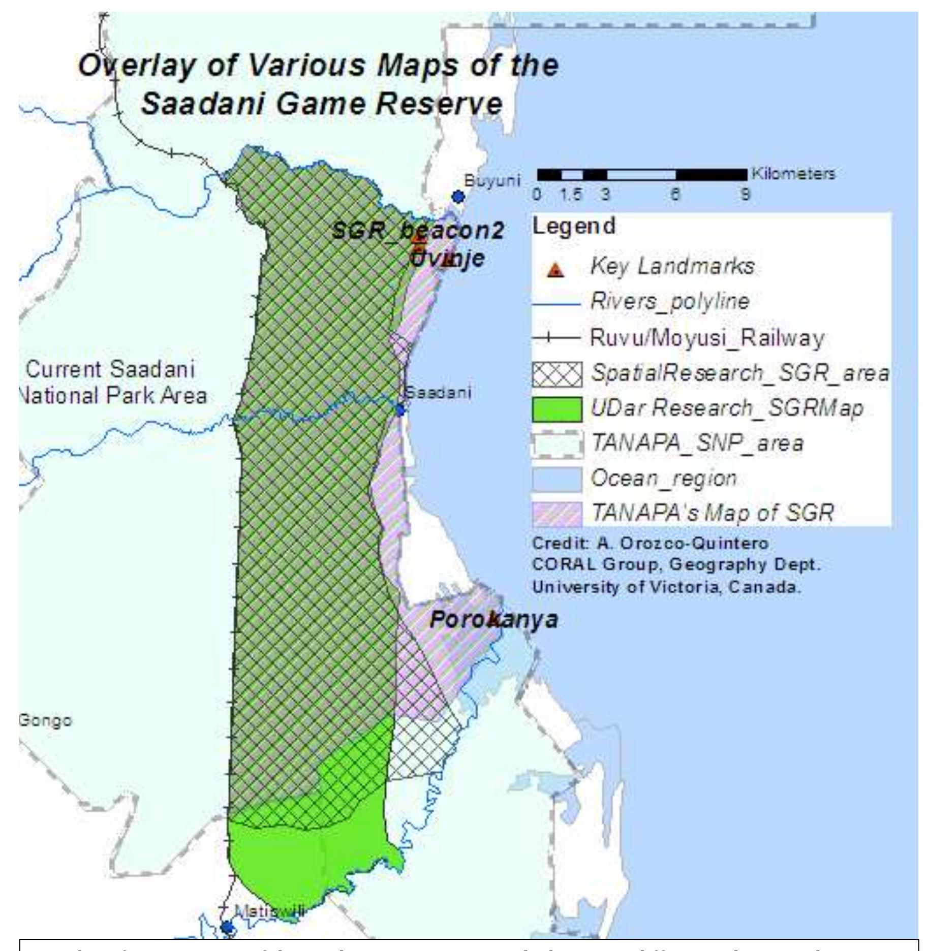Overlay of various maps of the saadani game reserve. the