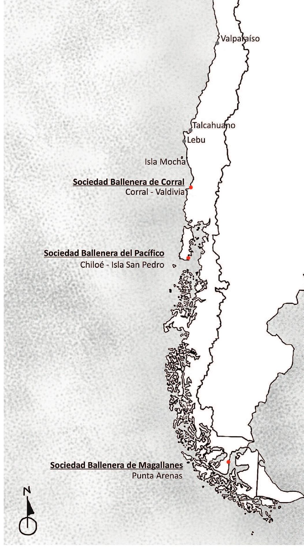Map of the main whaling towns in southern chile.