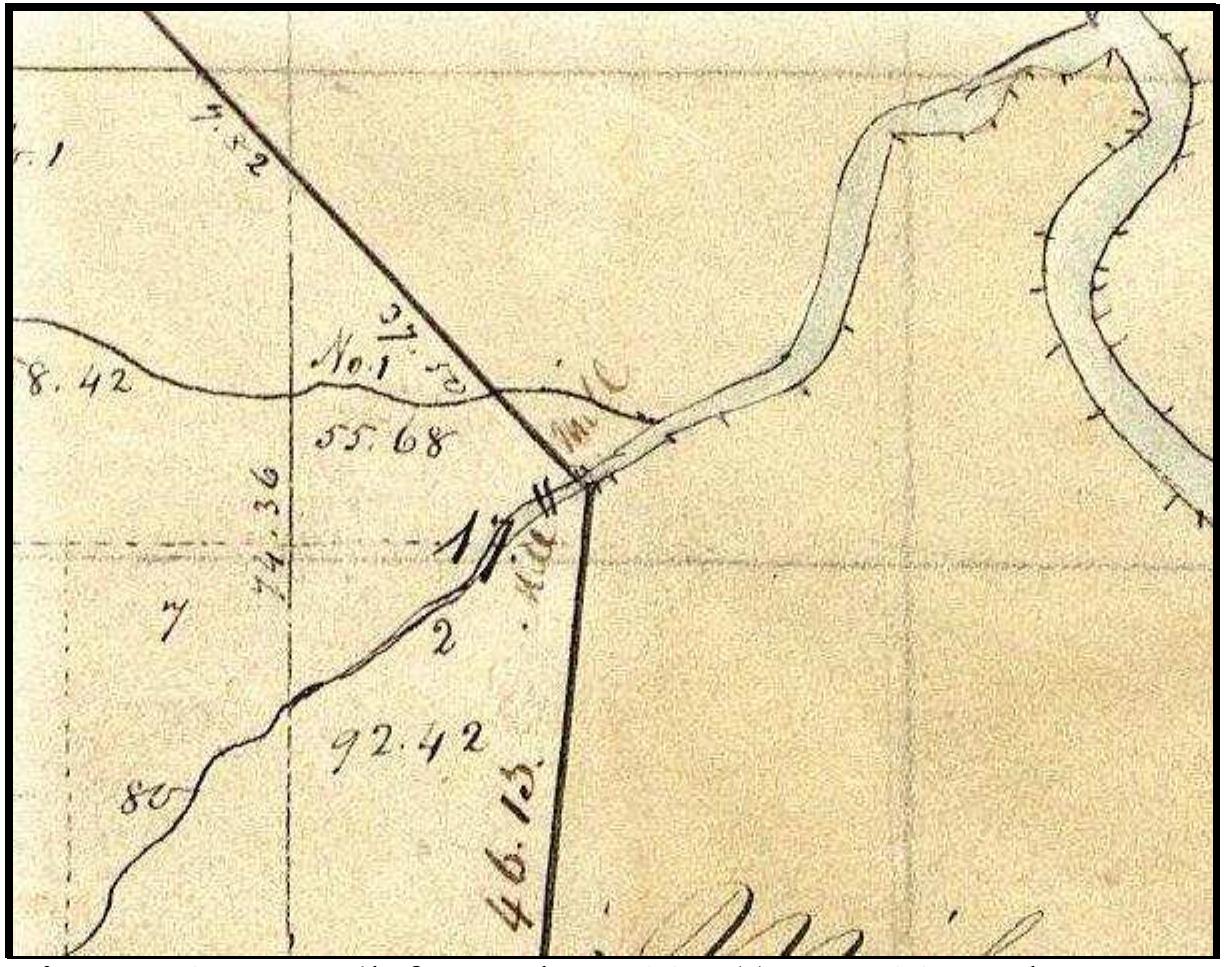 Detail from the 1834 tin, r30w plat map showing a mill on