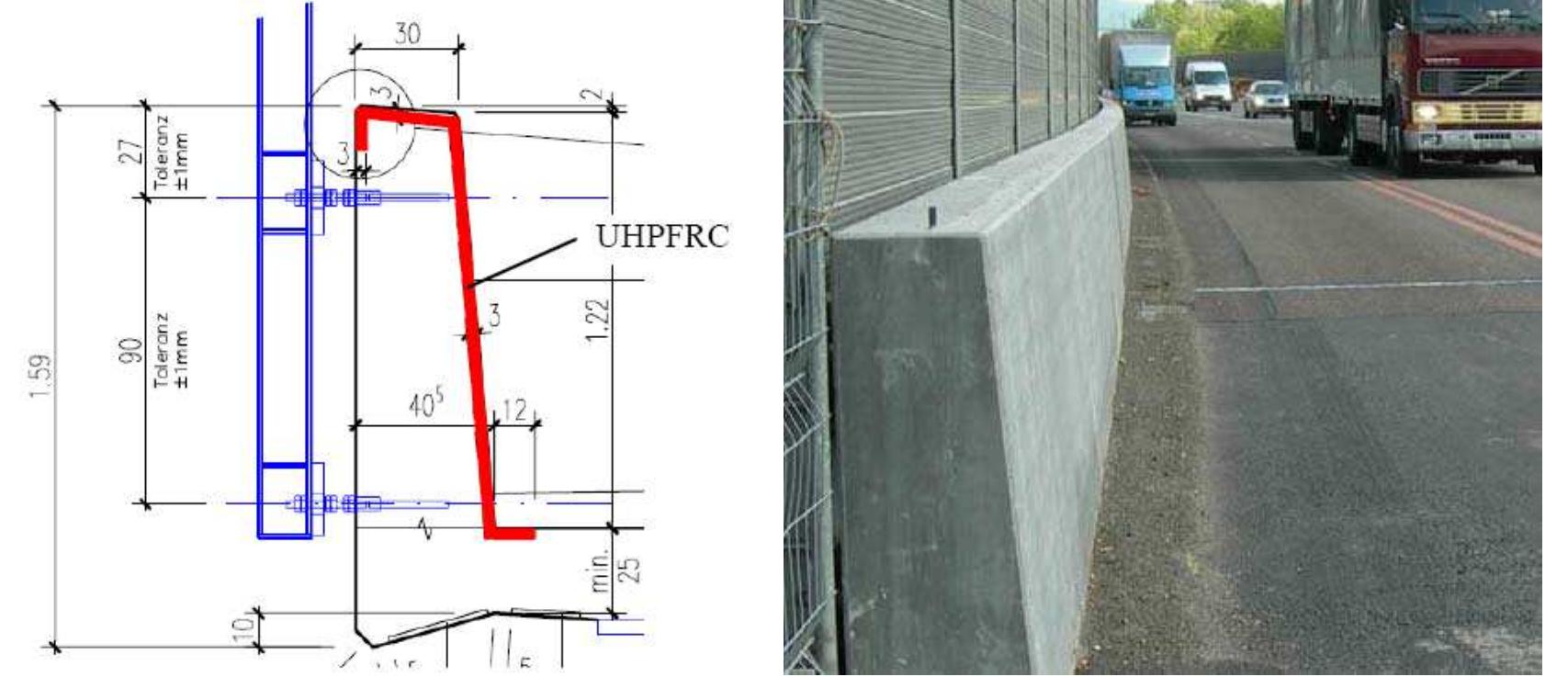 Typical cross section of the crash barrier wall and view