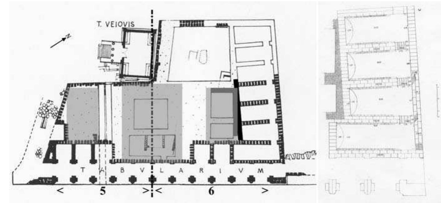 Left: plan of the tabularium with the outline of three
