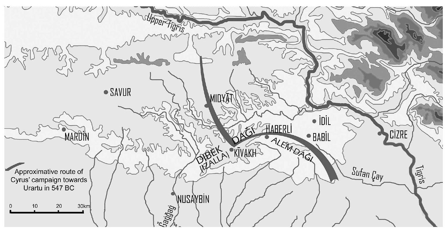 Map showing the approximate route of cyrus’ campaign towards