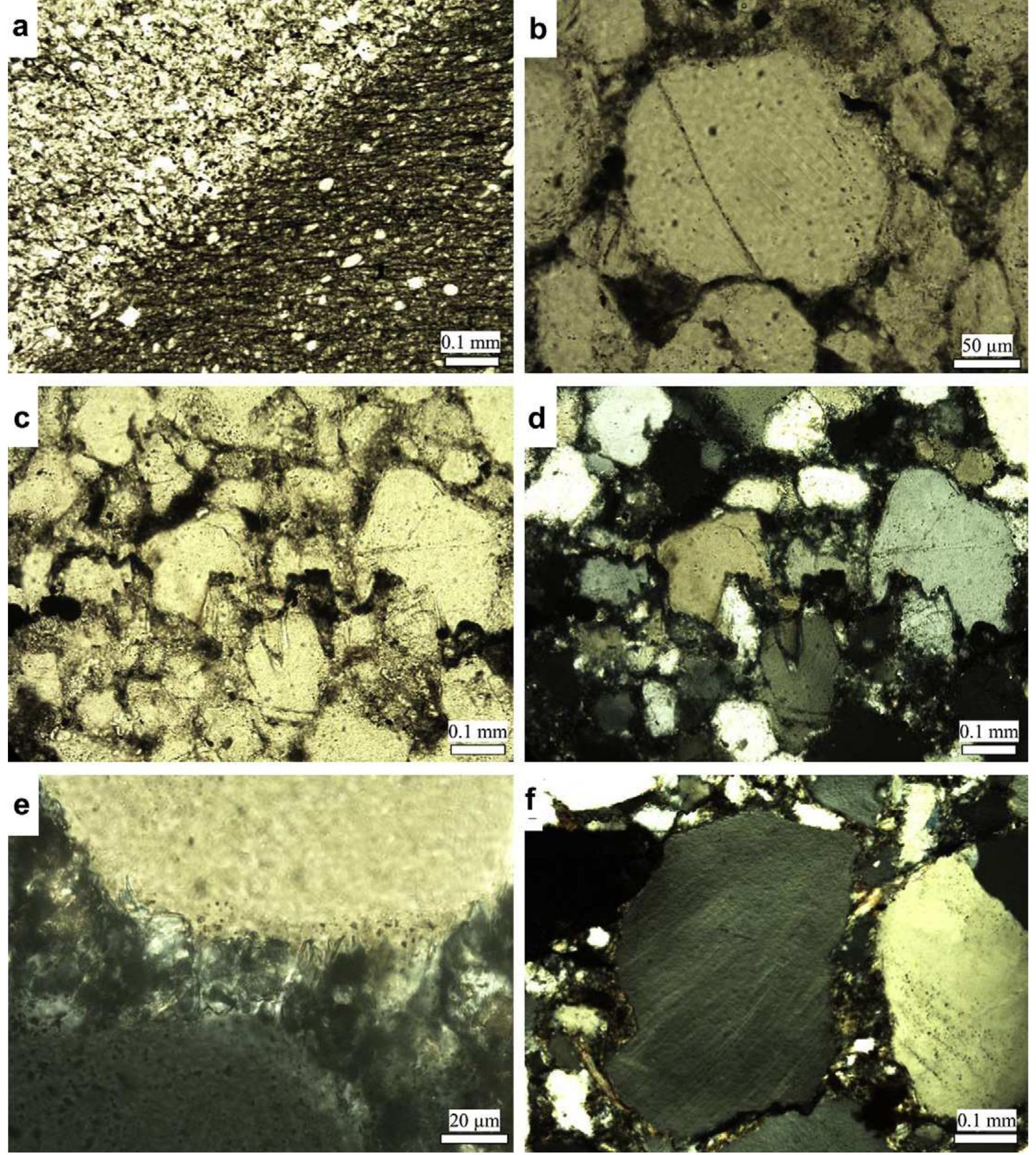 Photomicrographs of quartzite boudins. (a) bedding contact