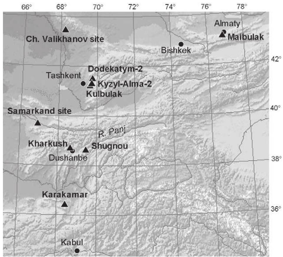 Map showing the locations of upper paleolithic sites in the