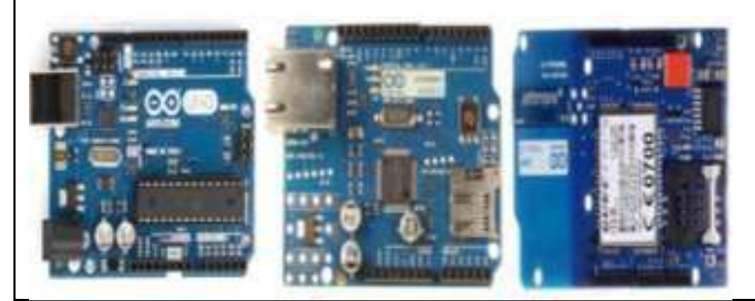 Arduino uno board, and compatible gsm and ethemet shields