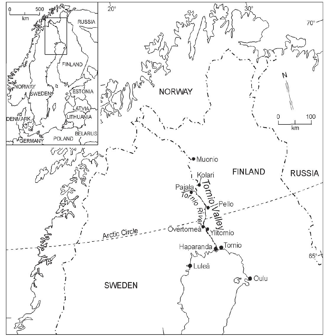 Map of the tornio valley, the finnish-swedish border area.