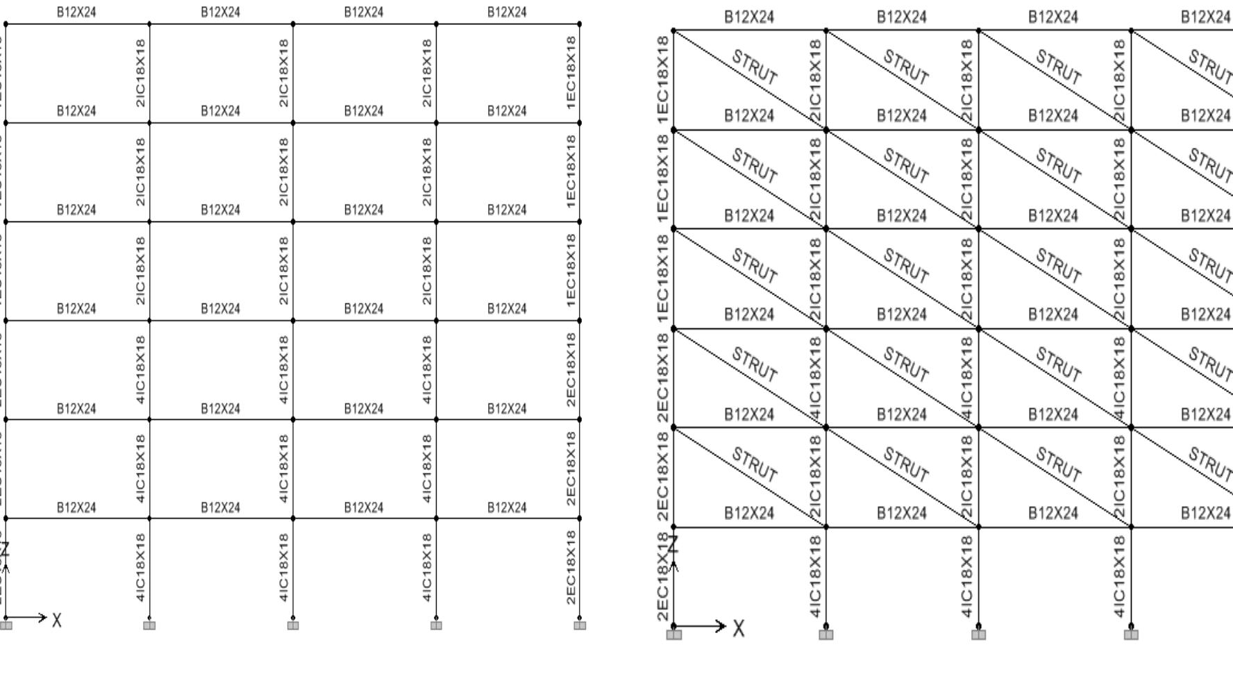 Idealized 2-d model in etabs — without infill walls (left)