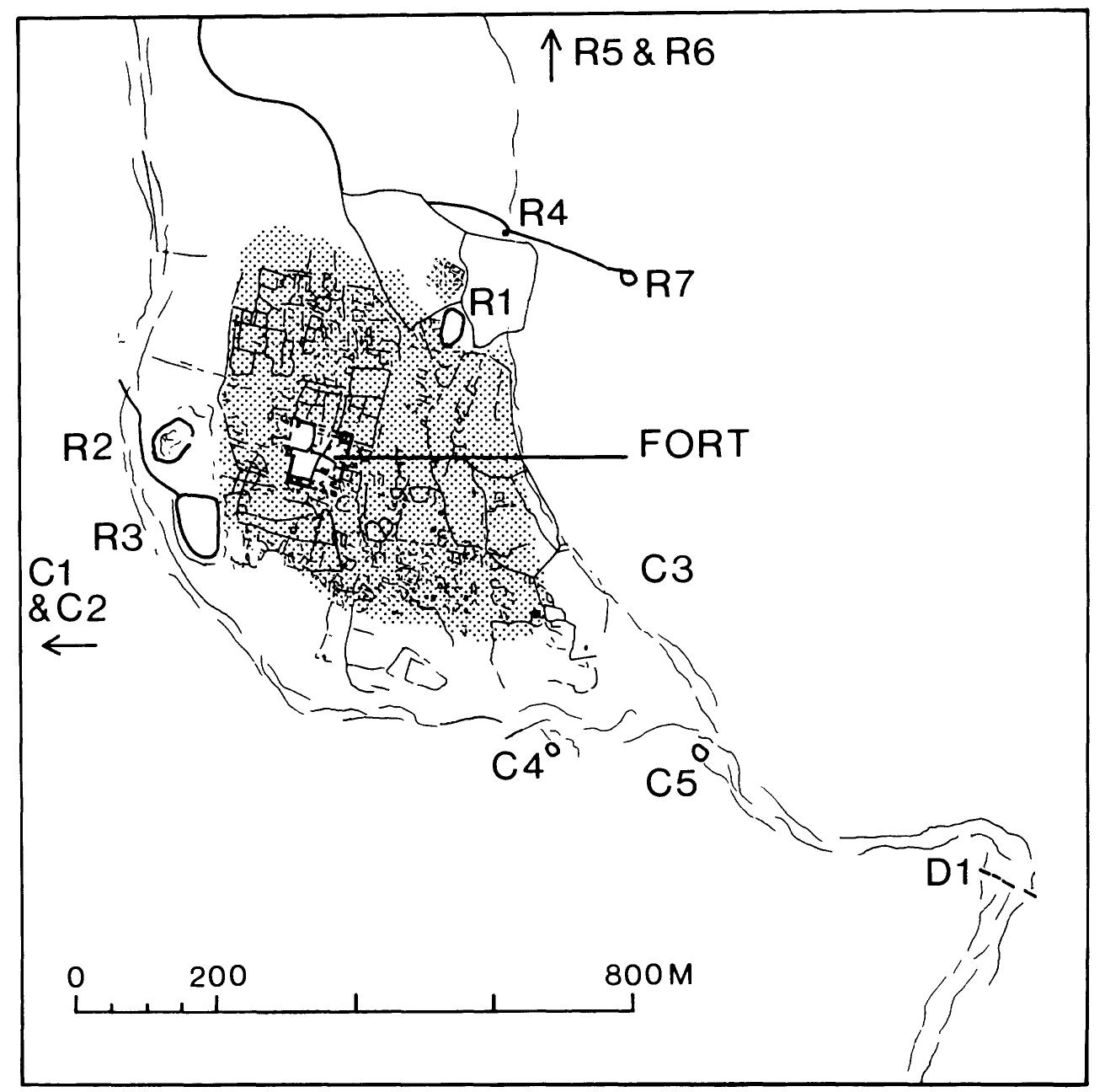 Deir el-kahf: plan of site. c = cistern, d = dam, r