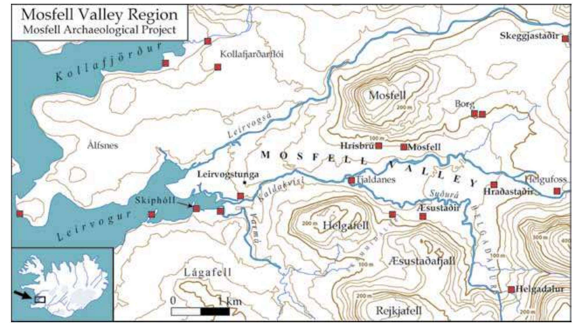 Map of the mosfell valley region. the red squares show the