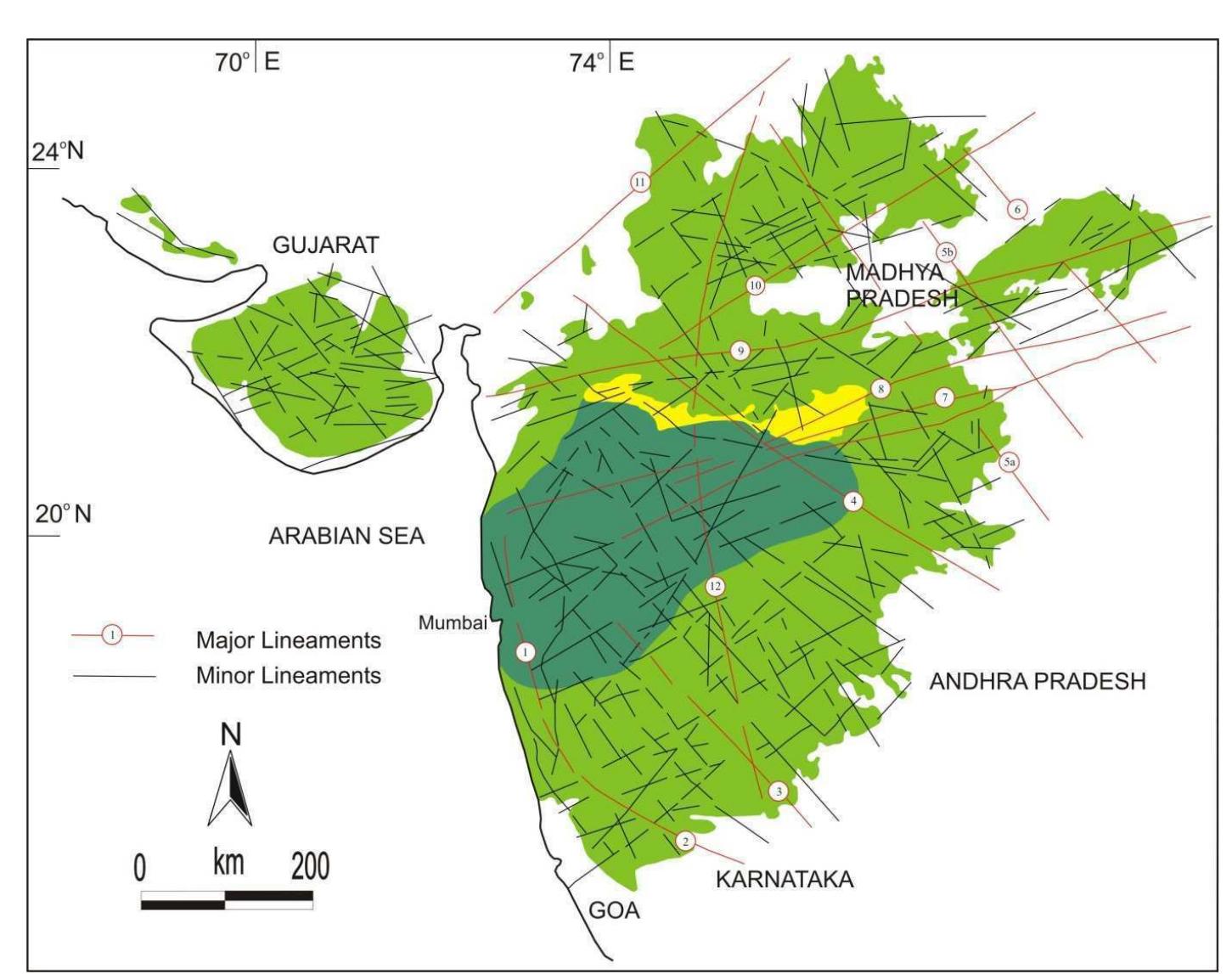 Map of the deccan traps showing the major lineaments