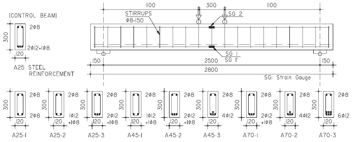 Tested beams geometry and details.