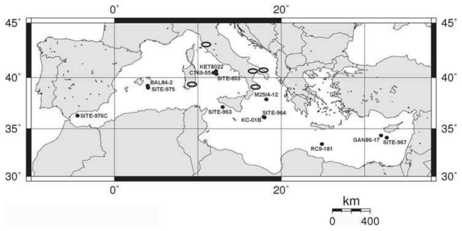location map of available sites and cores for the time