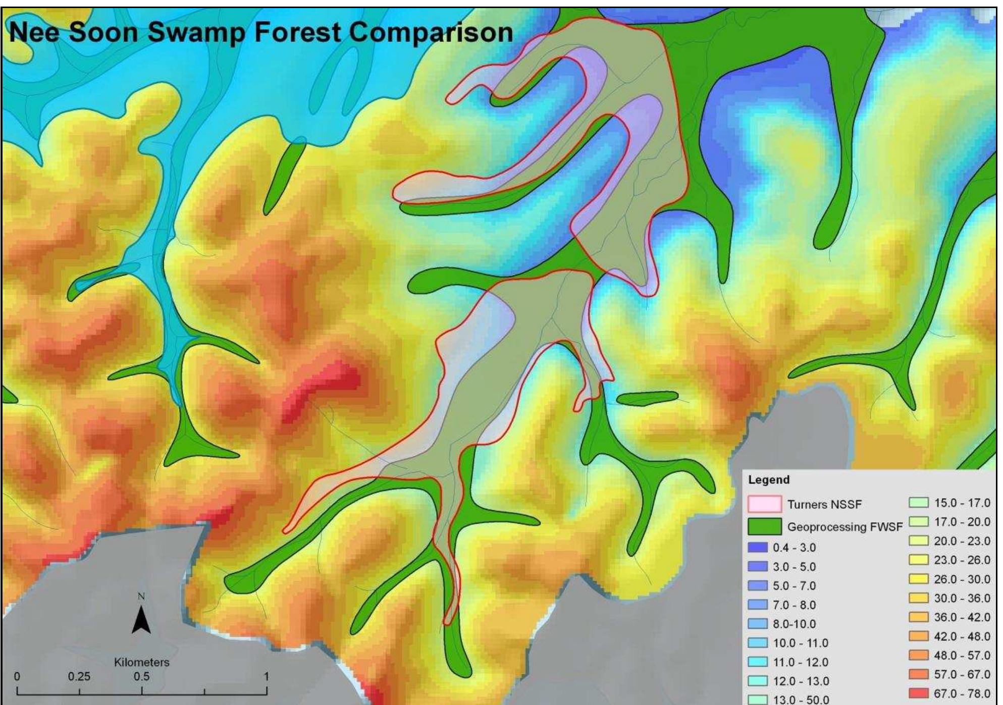 Comparison of fwsf areas identified by geoprocessing with