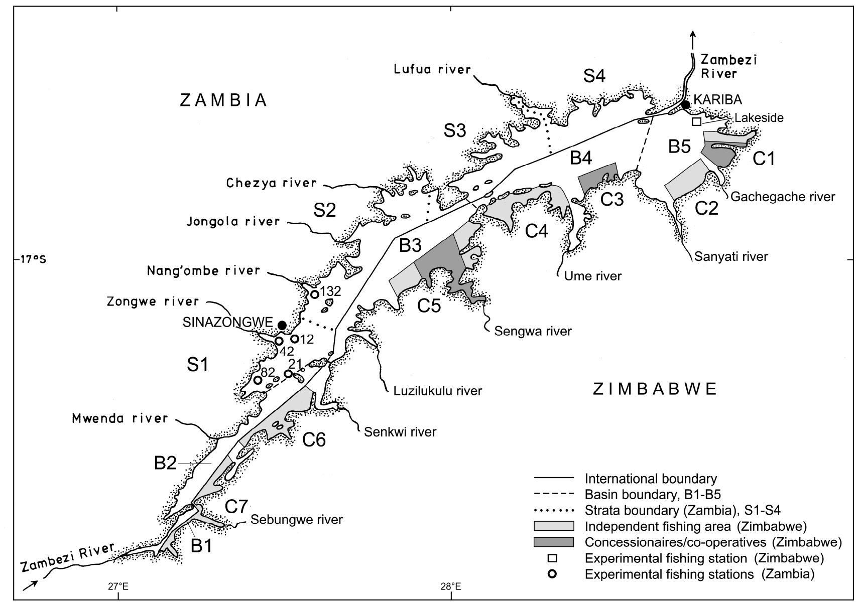 Map of lake kariba showing the five natural basins (b1..b5),