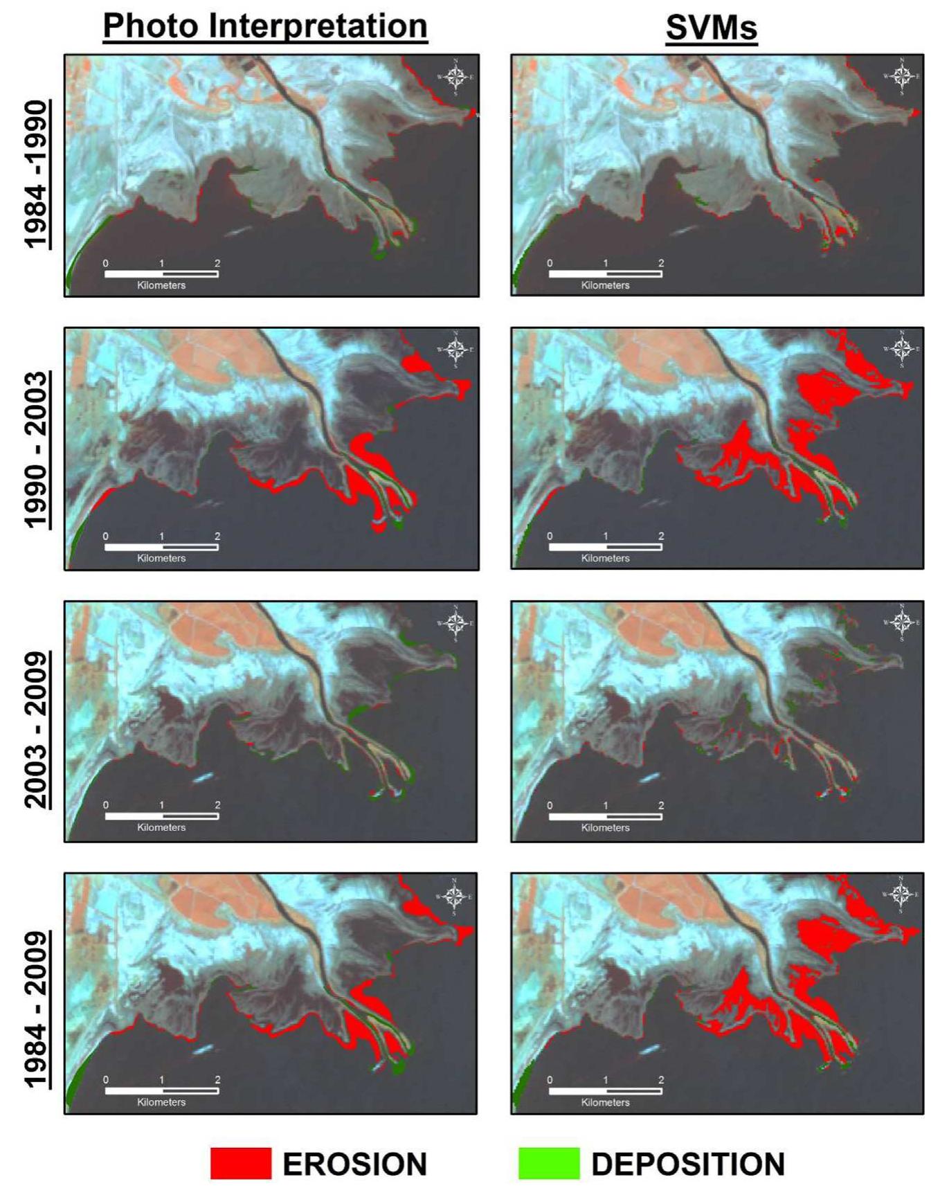 Maps showing areas of erosion (red) and deposition (green)