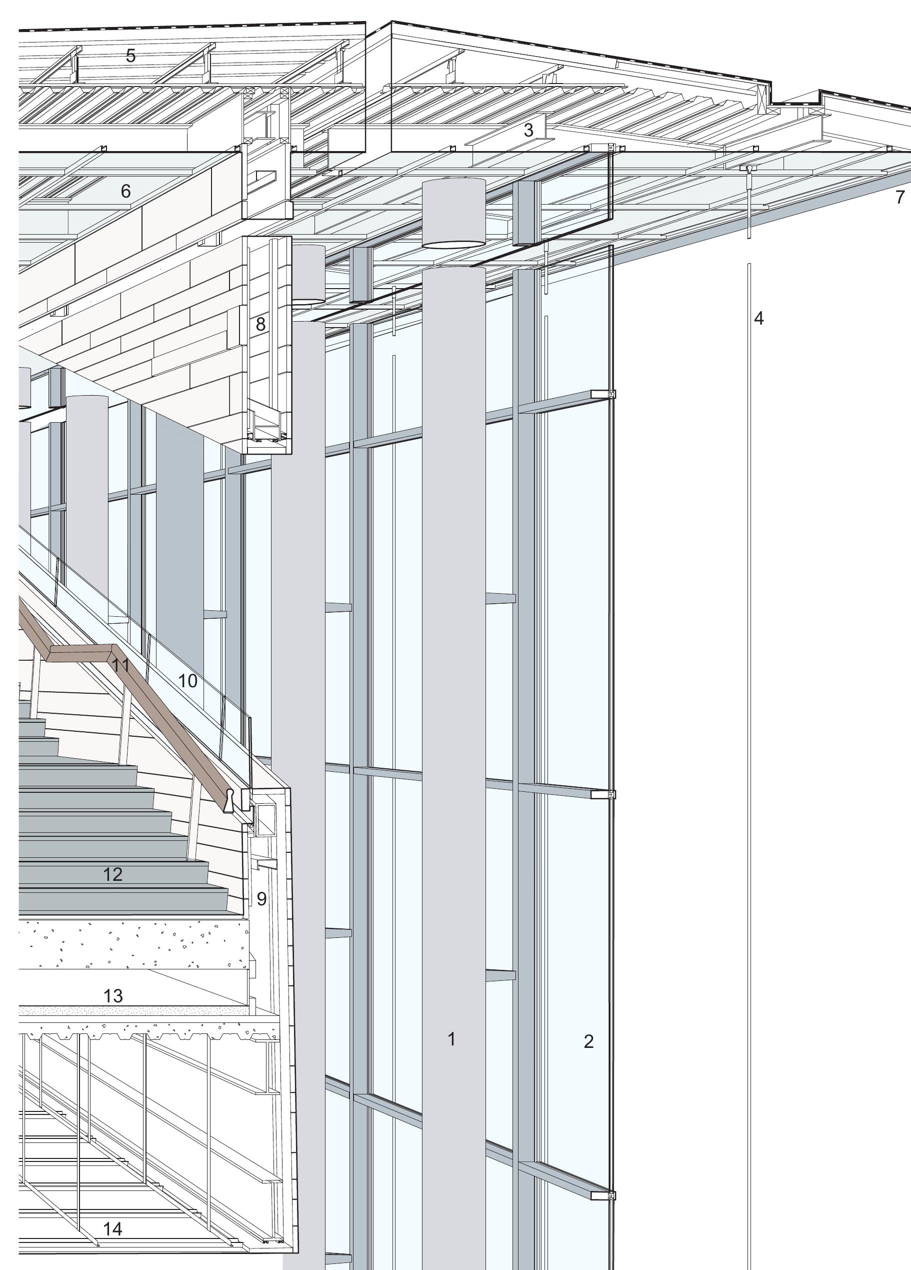 Cut-away section through foyer roof, stair and glazing