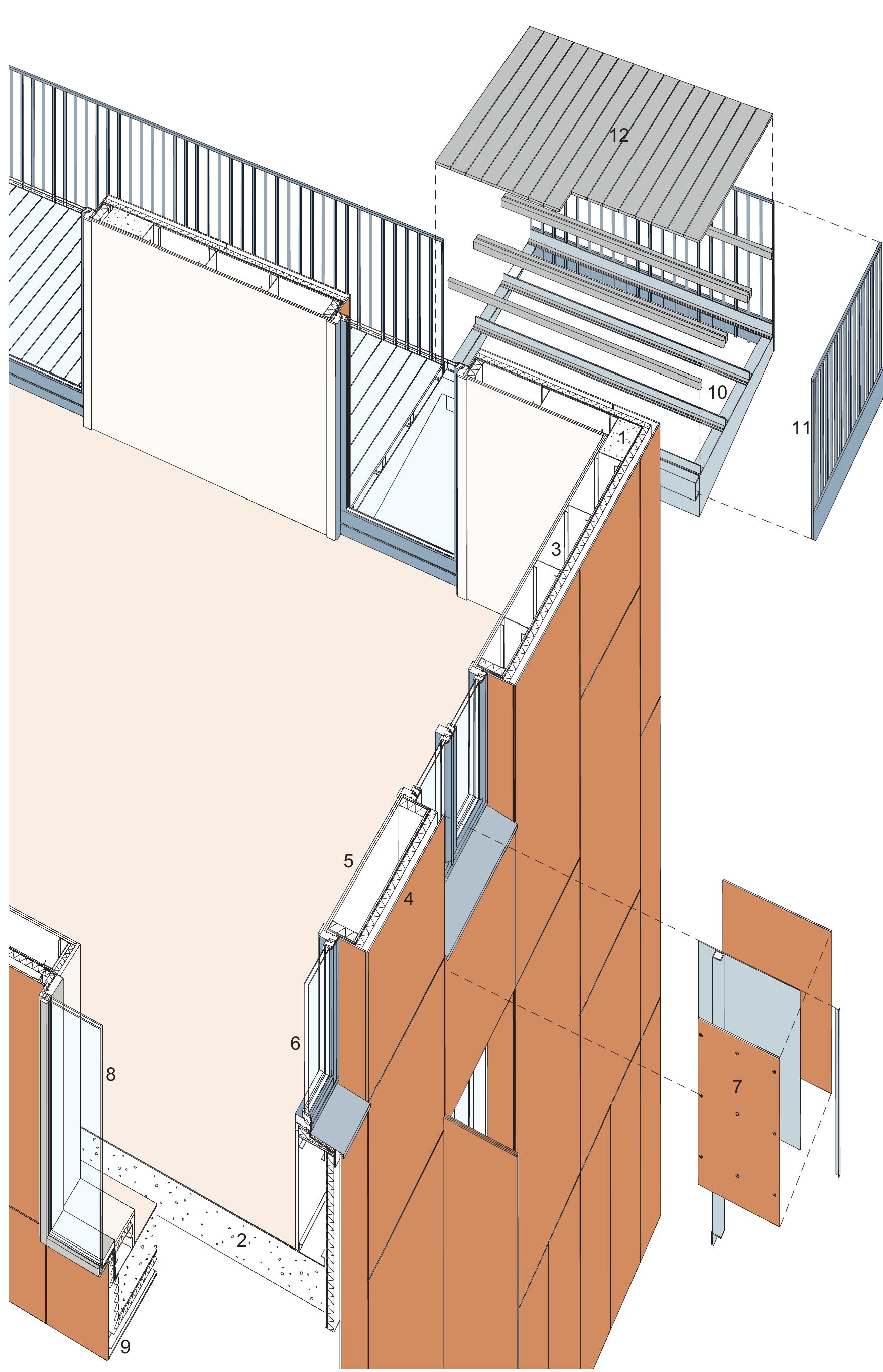 Cut-away section through first floor wall and windows
