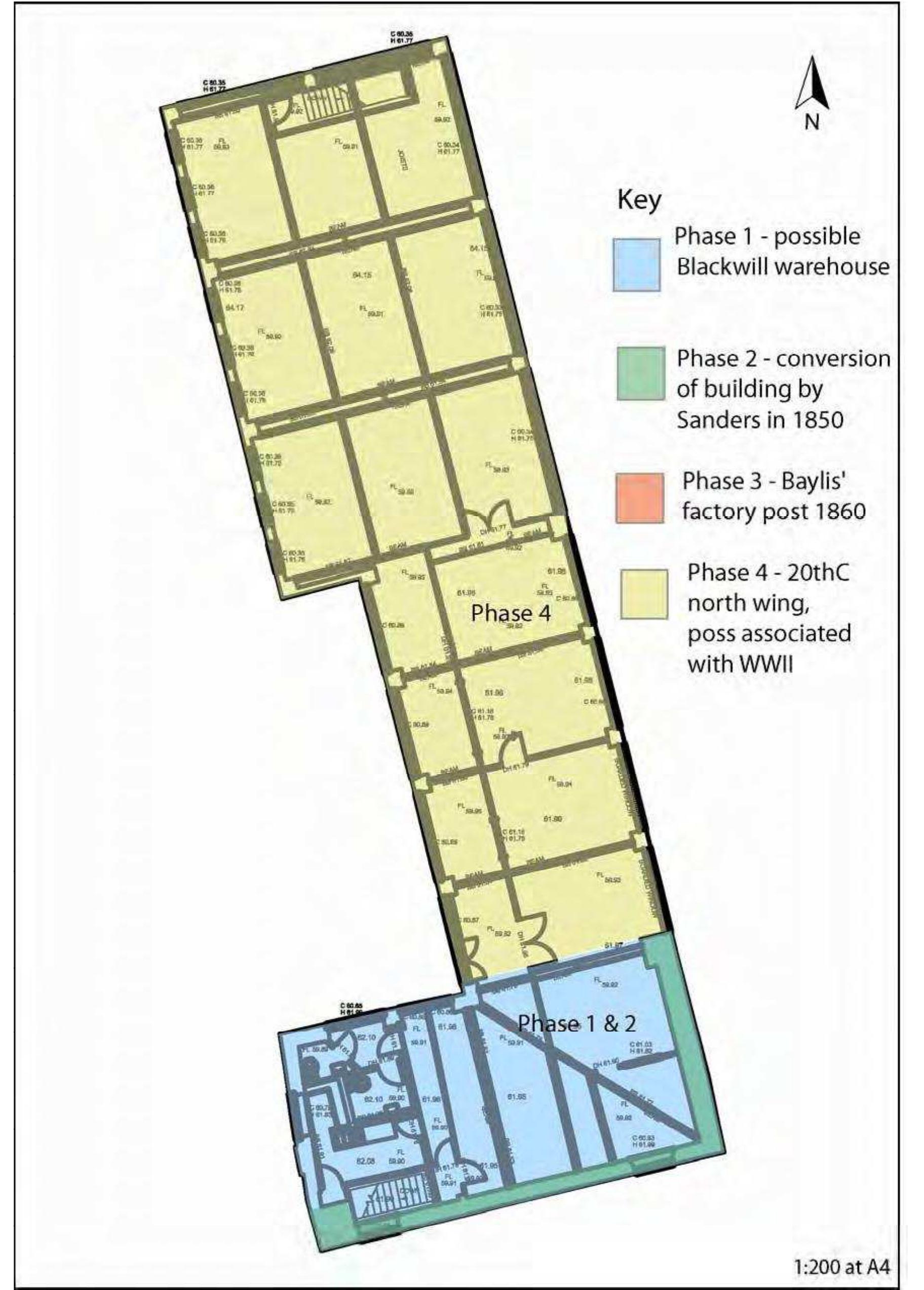 Phased second floor plan of the glove factory.
