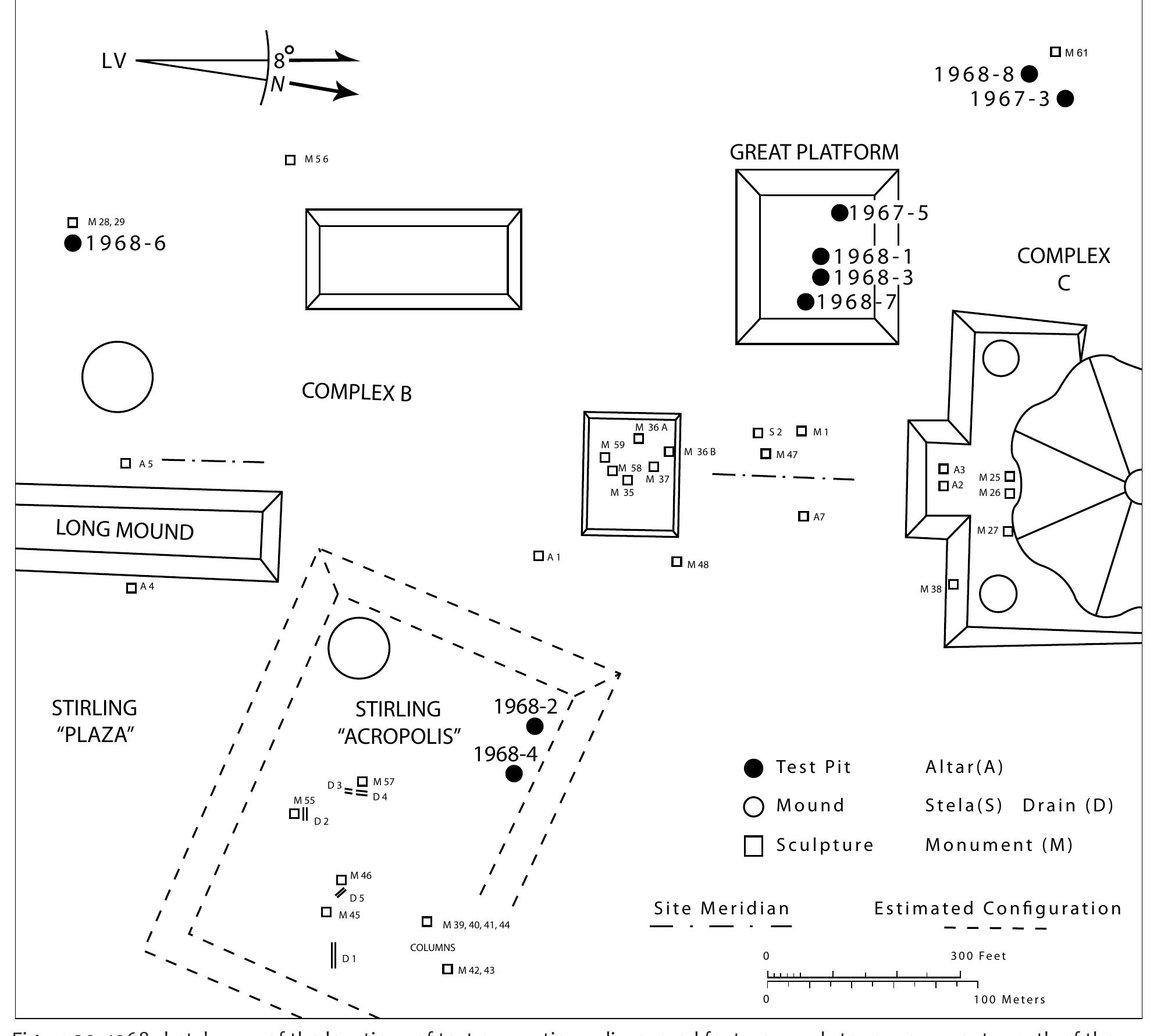 1968 sketch map of the locations of test excavations,