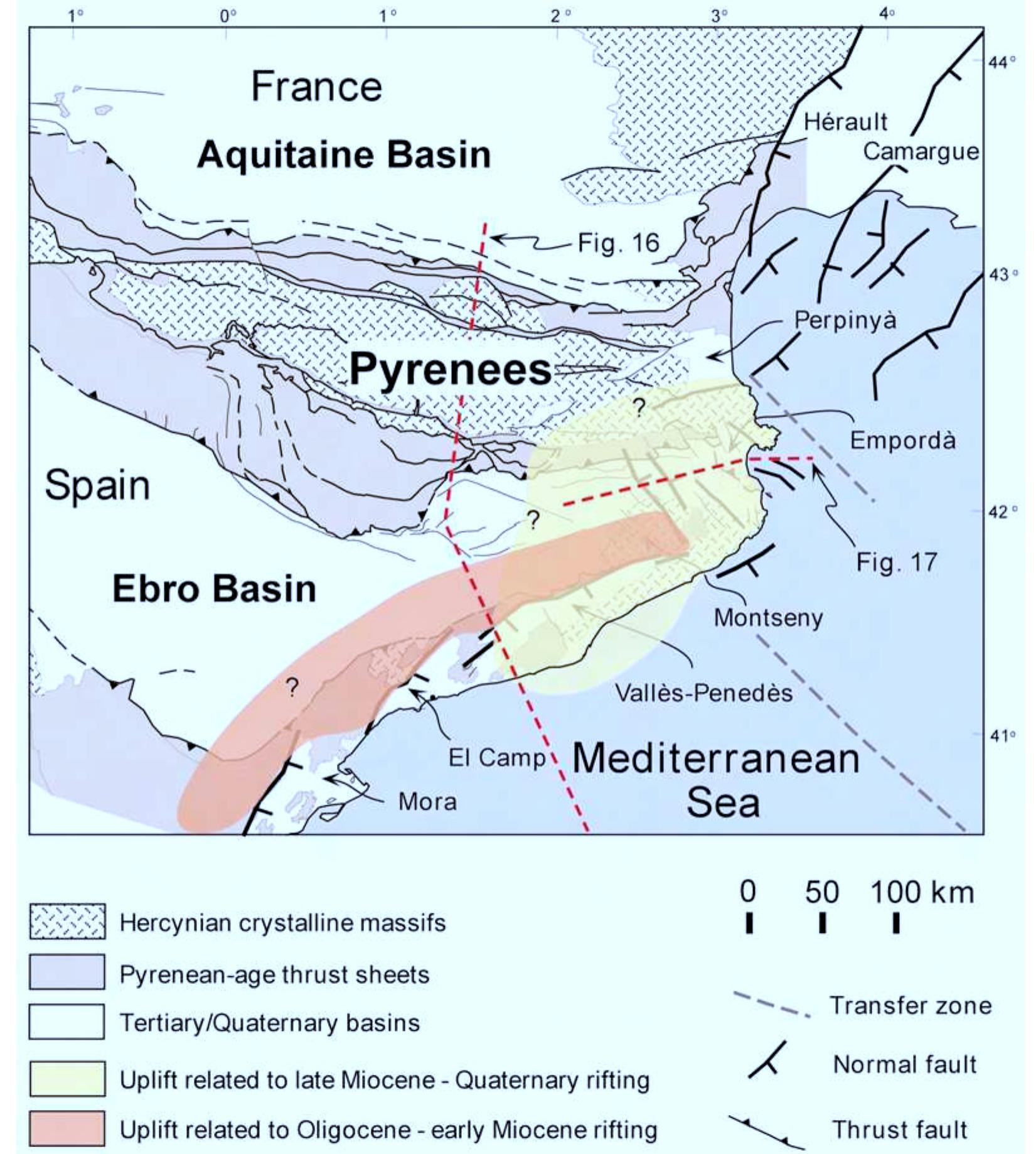 Map of ne comer of iberian peninsula displaying two uplifted