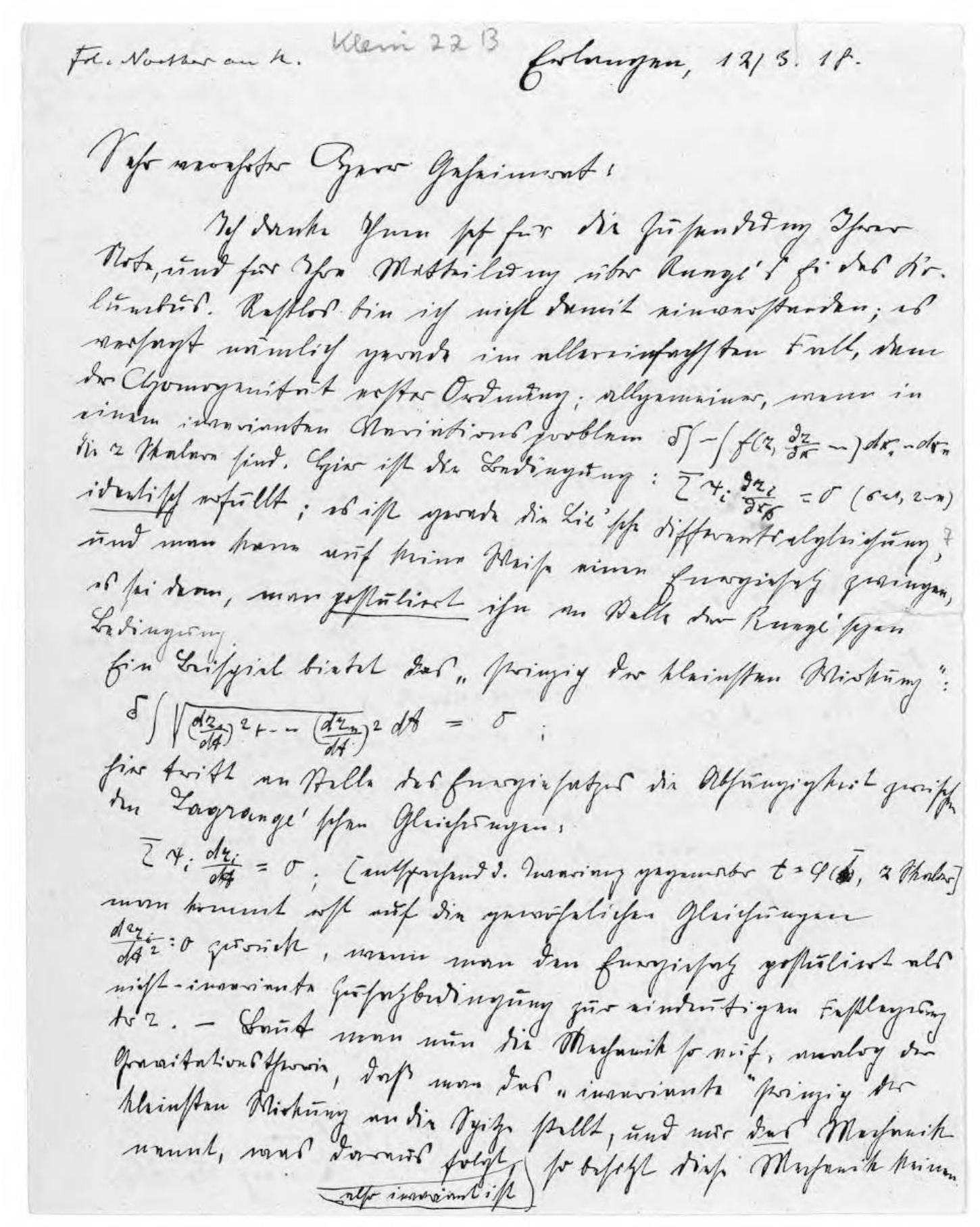 Letter from emmy noether to felix klein, 12 march 1918,