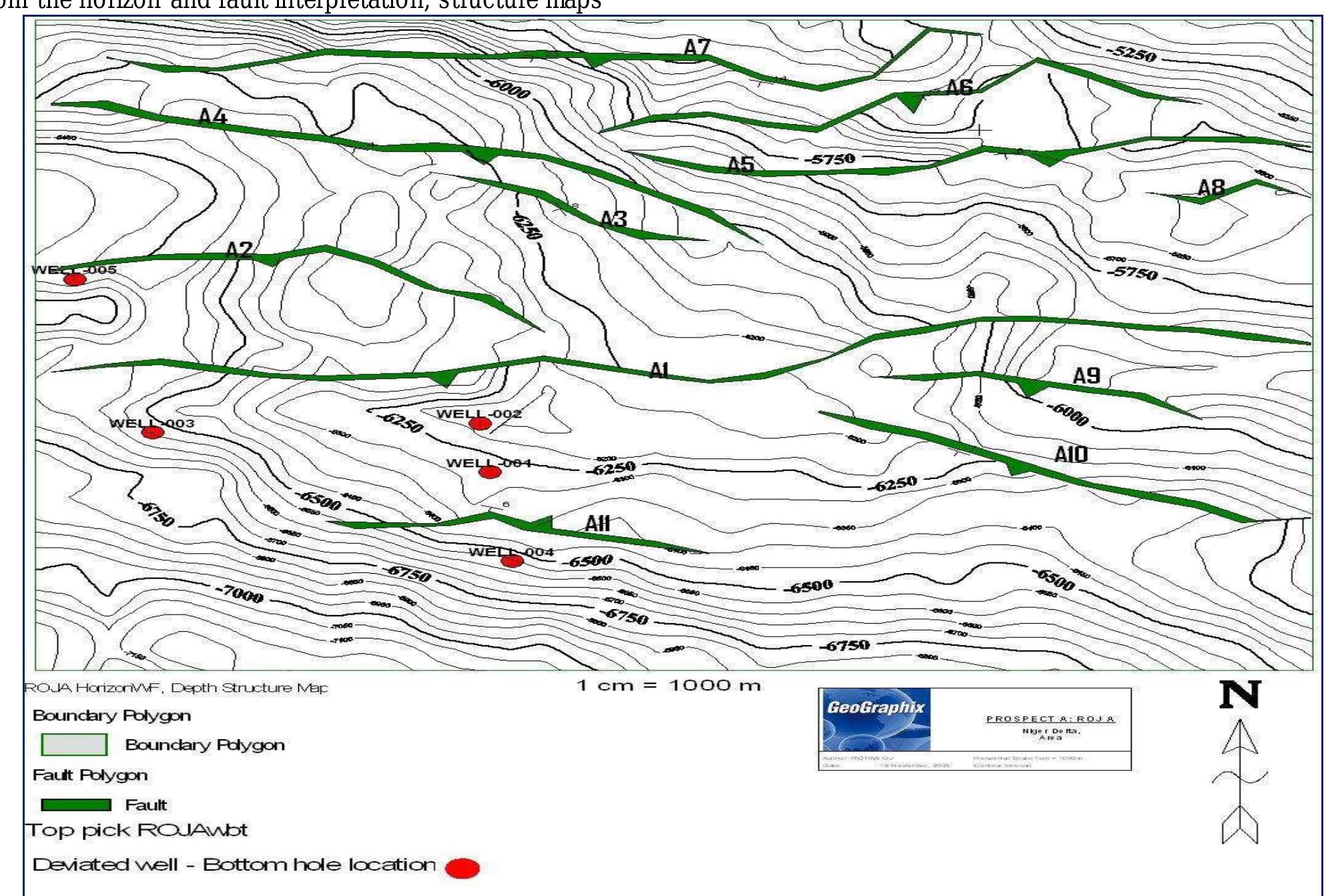 Depth structure map of the horizon roj a with fault polygons