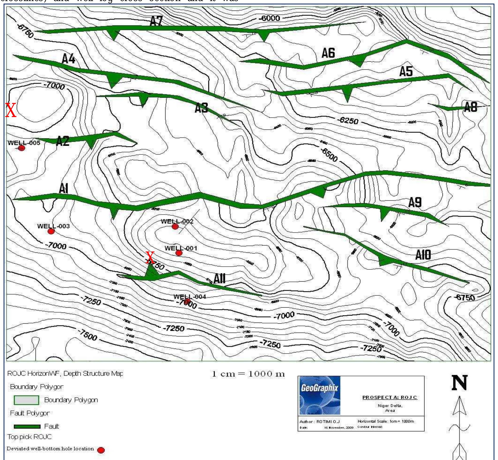 Depth structure map of the horizon roj c with faults